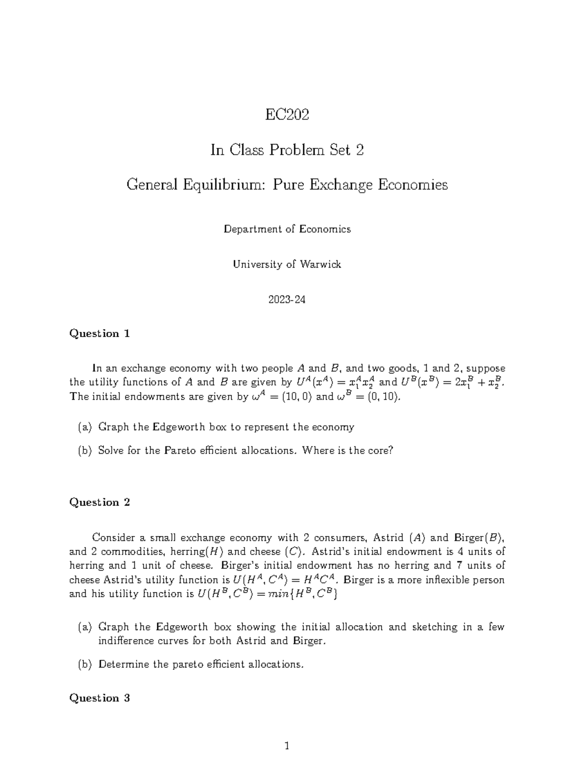 In class Problem Set 2 Week 4 - EC In Class Problem Set 2 General Equilibrium: Pure Exchange ...