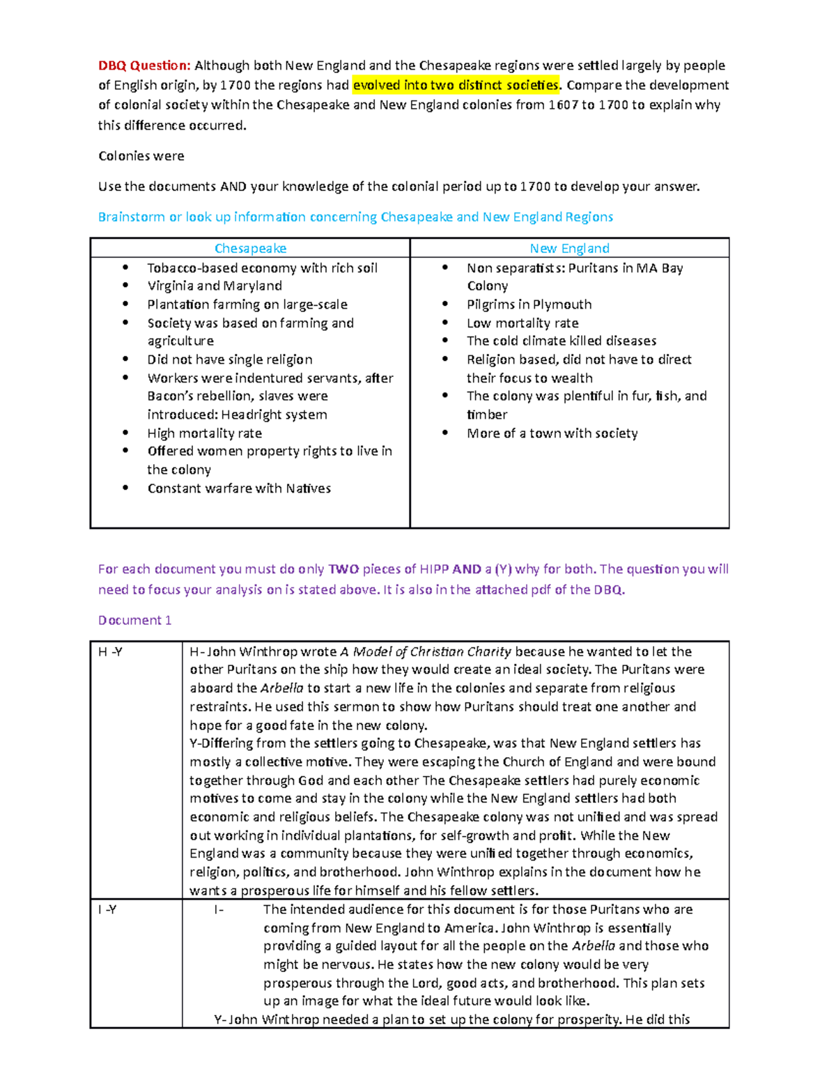 Chesapeake v. NE DBQ Hippy Worksheet - DBQ Question: Although both New ...