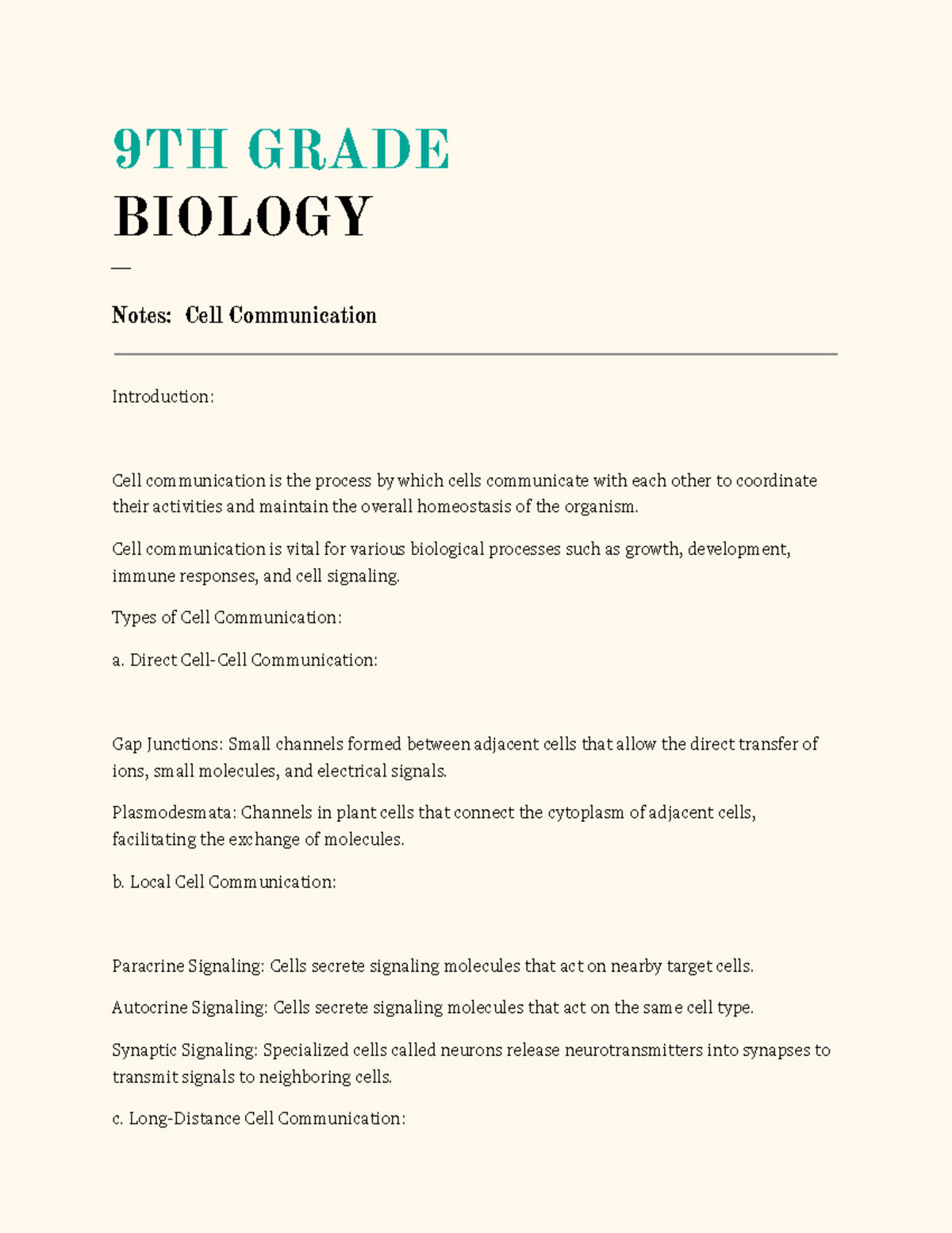 Cell Communication - 9TH GRADE BIOLOGY ___ Notes: Cell Communication ...