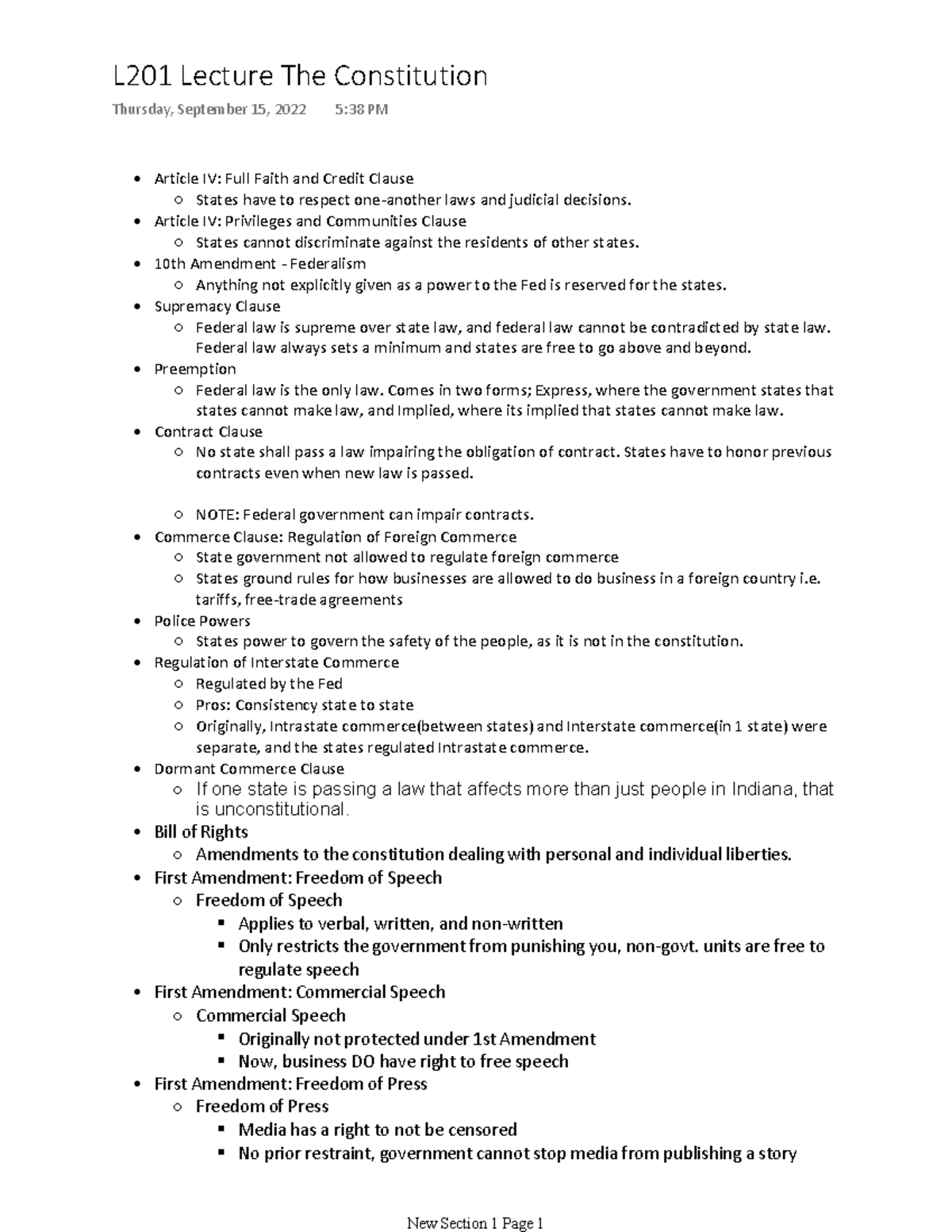 L201 Lecture The Constitution - Article IV: Full Faith and Credit ...