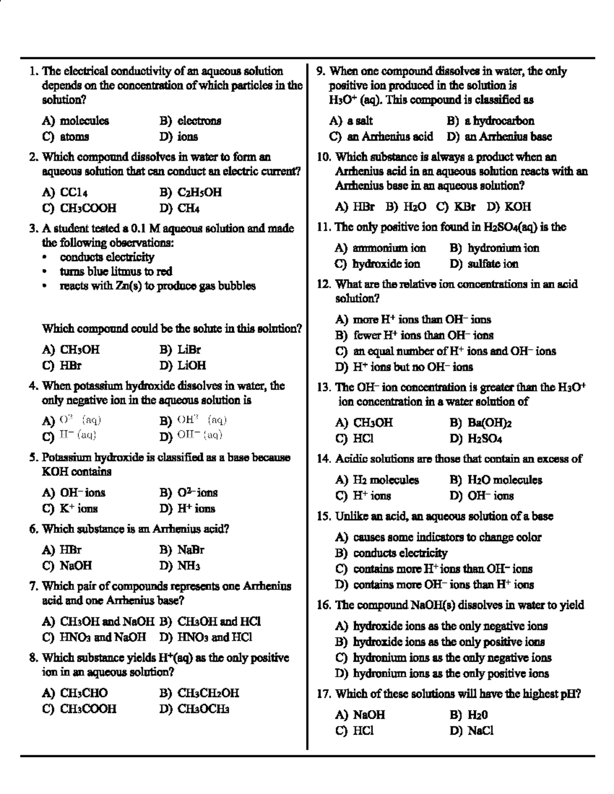 Acid Base Practice Test - NSCI 1321 - Studocu