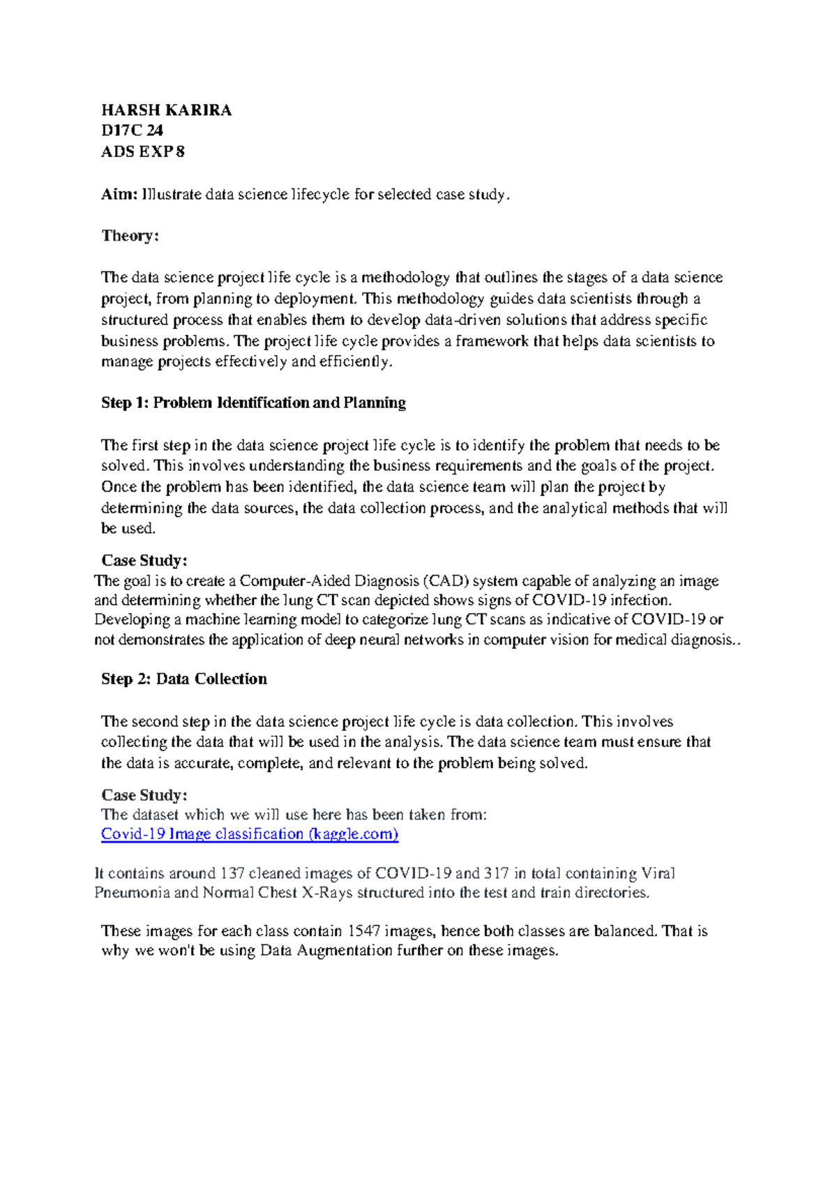 ADS 8 theory merged - HARSH KARIRA D17C 24 ADS EXP 8 Aim: Illustrate data science lifecycle for ...