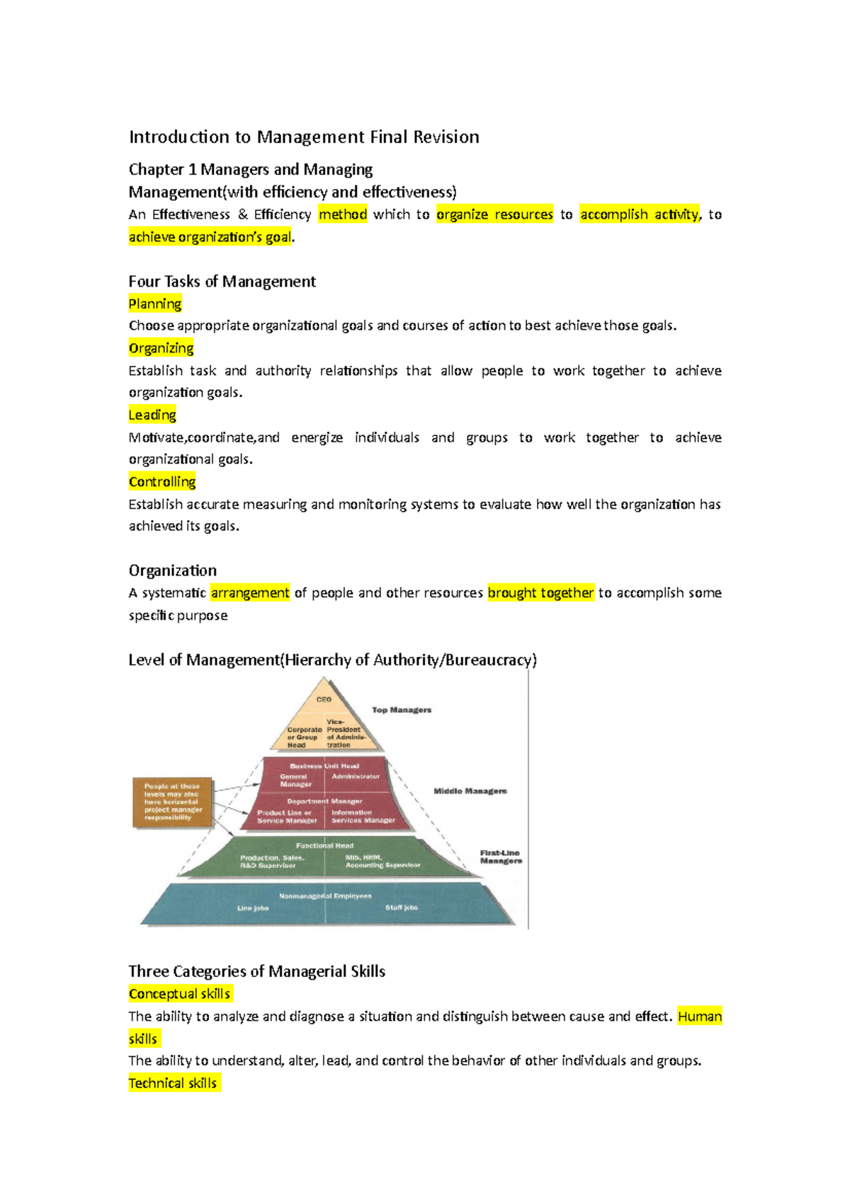 Introduction to Management Final Revision - Four Tasks of Management ...