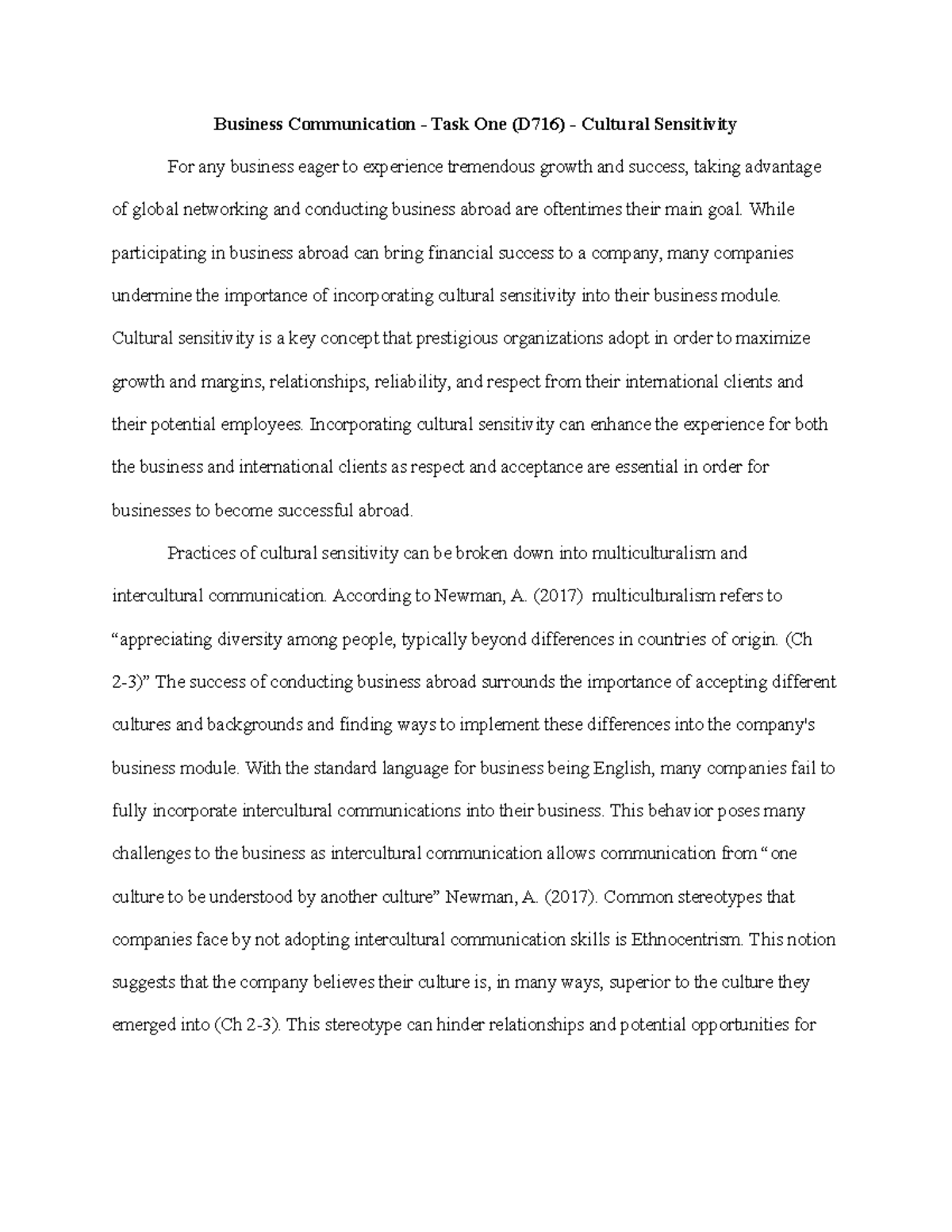 Business Communication - Task One (D716) - Cultural Sensitivity - While ...