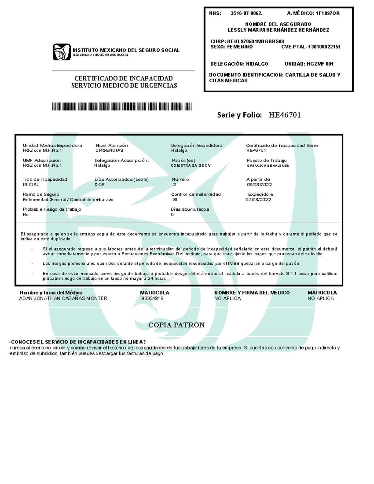 Incap IMSS - KKKKK - COPIA PATRÓN Nombre y firma del Médico MATRICULA ...