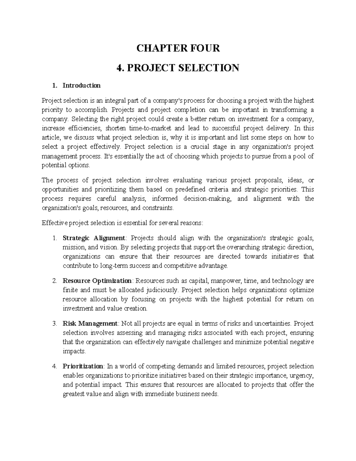 Chapter FOUR - It is about project selection. - CHAPTER FOUR 4. PROJECT ...