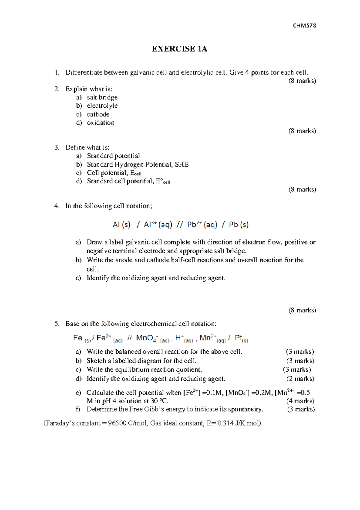 1. Exercise 1A - CHM EXERCISE 1A Differentiate between galvanic cell ...