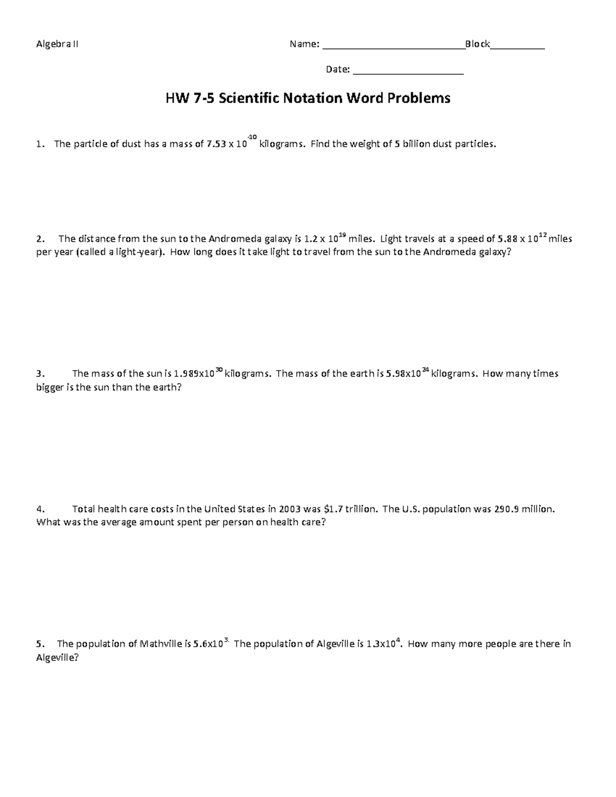 Sci Not Word Problem - SCIENTIFIC NOTATION ANSWER SHEET - Algebra II ...