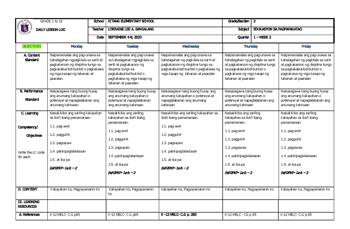 WEEK 2 SEPT 4-8 - DAILY LESSON LOG - GRADE 1 to 12 DAILY LESSON LOG ...
