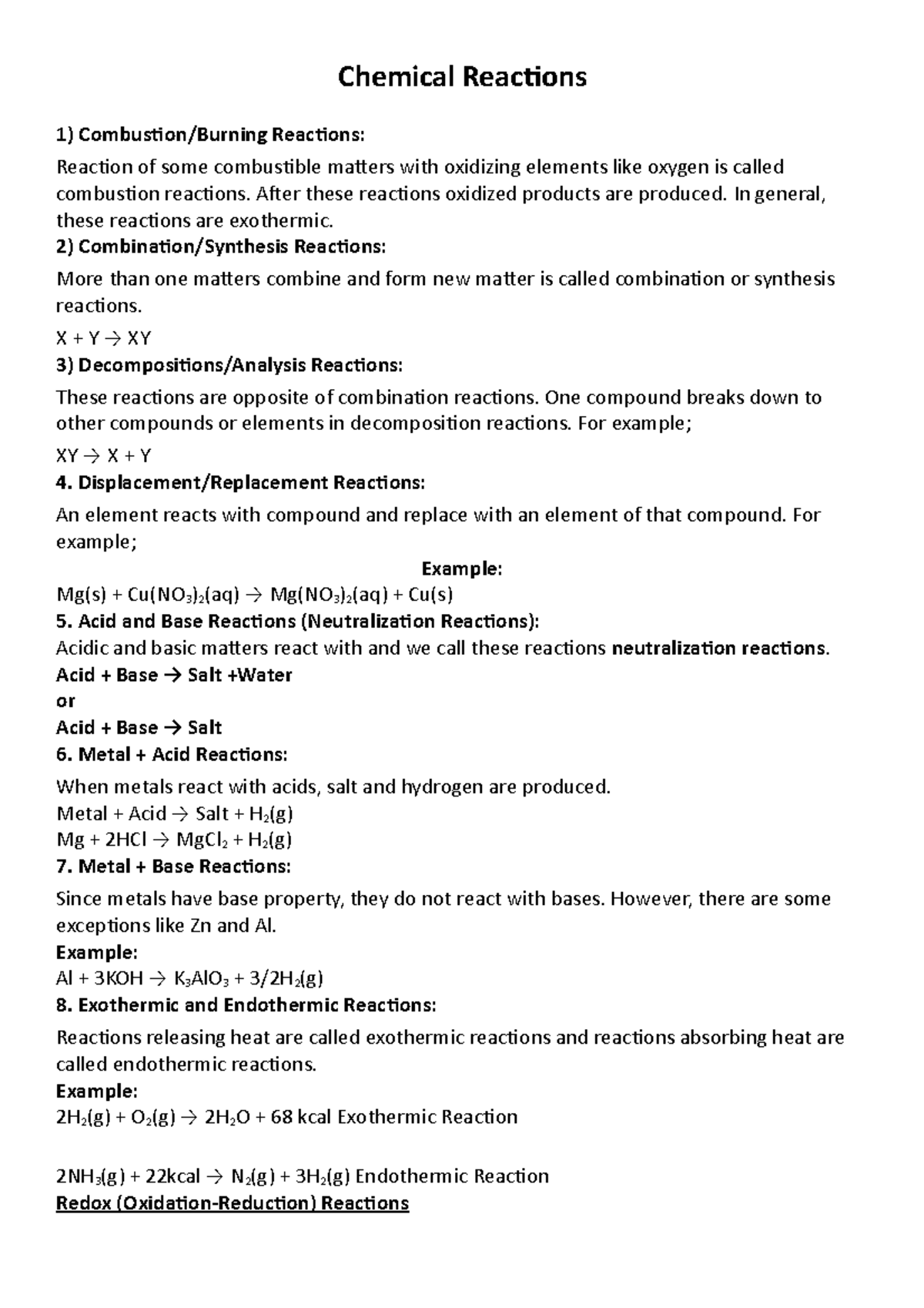 Cheat sheet - Chemical Reactions 1) Combustion/Burning Reactions ...