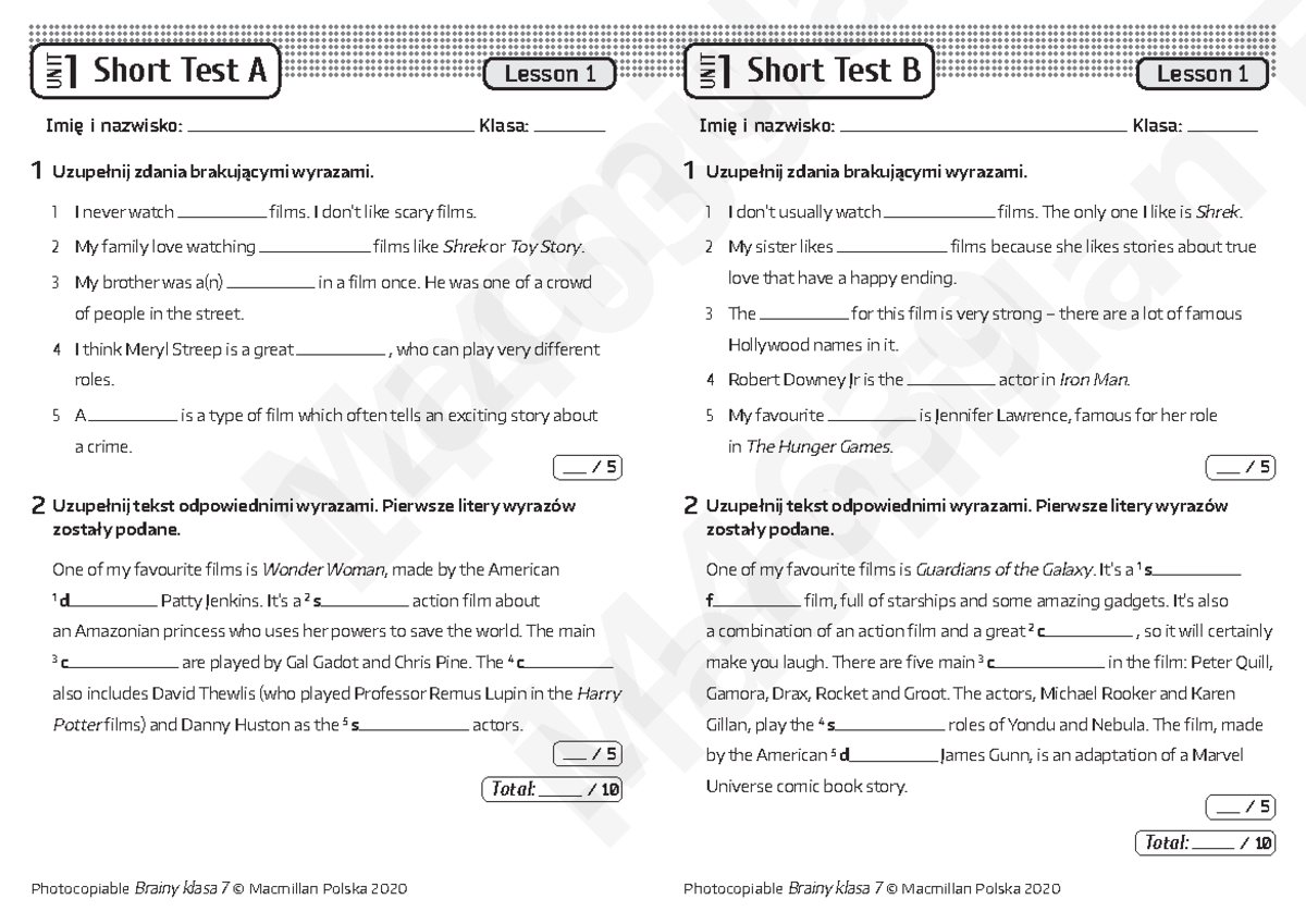 Brainy kl7 Short Tests Unit 1 Lesson 1 - UNIT 1 Short Test A UNIT 1 ...
