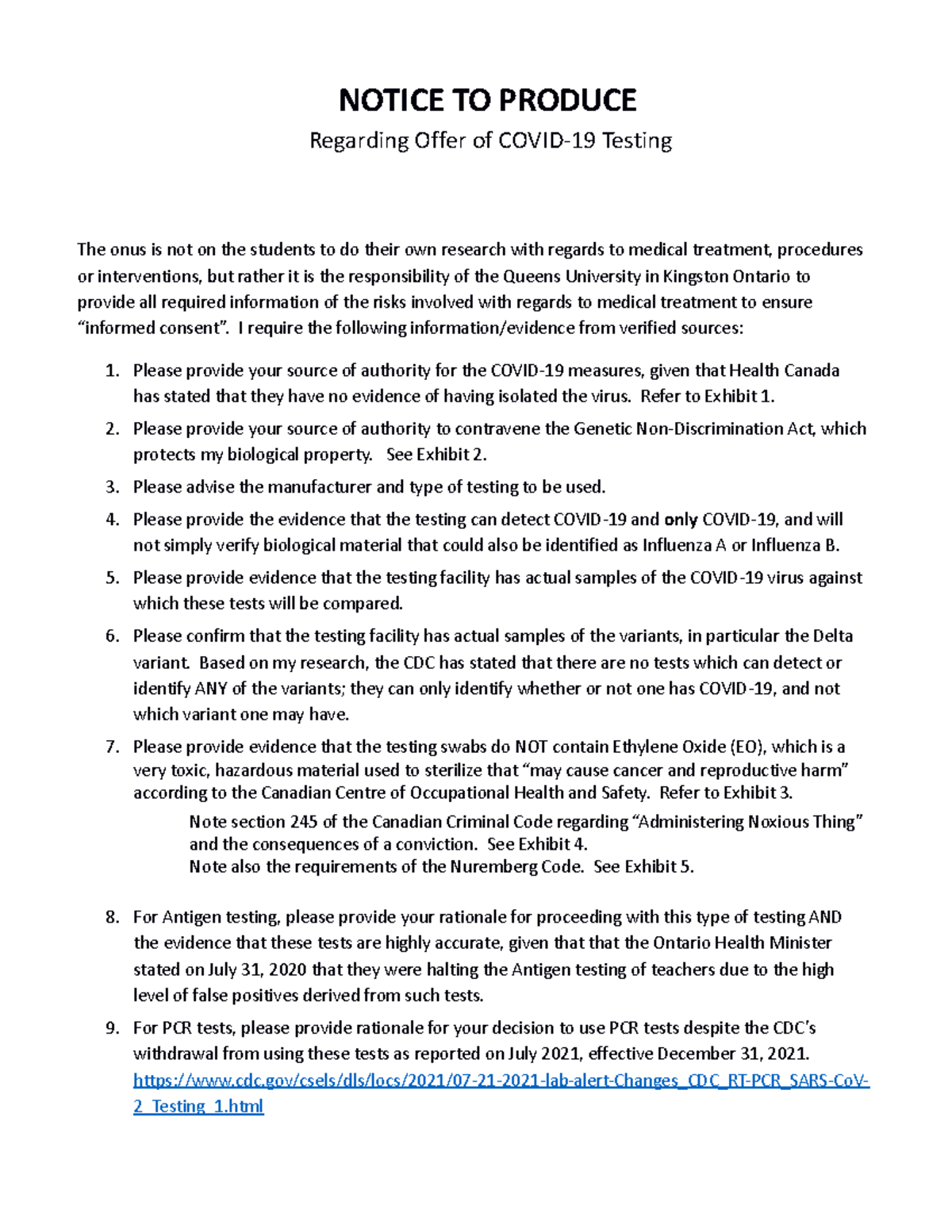 Notice TO Produce testing - NOTICE TO PRODUCE Regarding O昀昀er of COVID ...