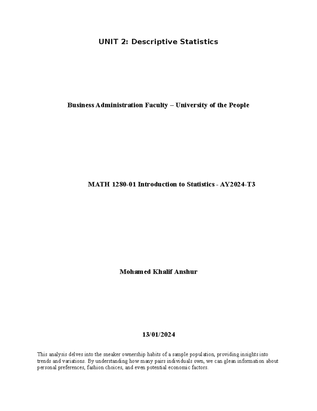 MATH 1280-01 - Written Assignment UNIT 2 - UNIT 2: Descriptive ...