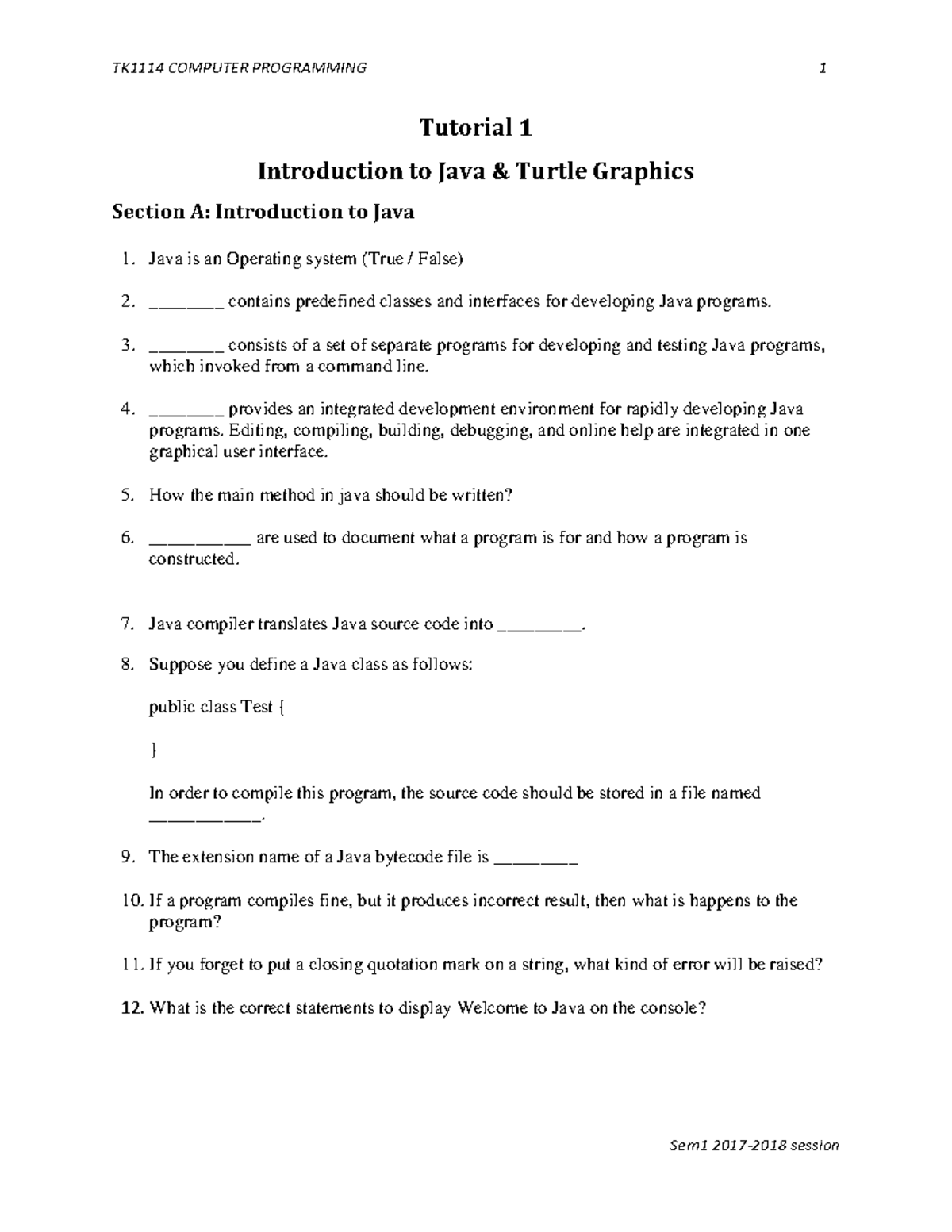 Tutorial 1 Computer Programming 1 Tutorial 1 Introduction To Java Turtle Graphics Section A