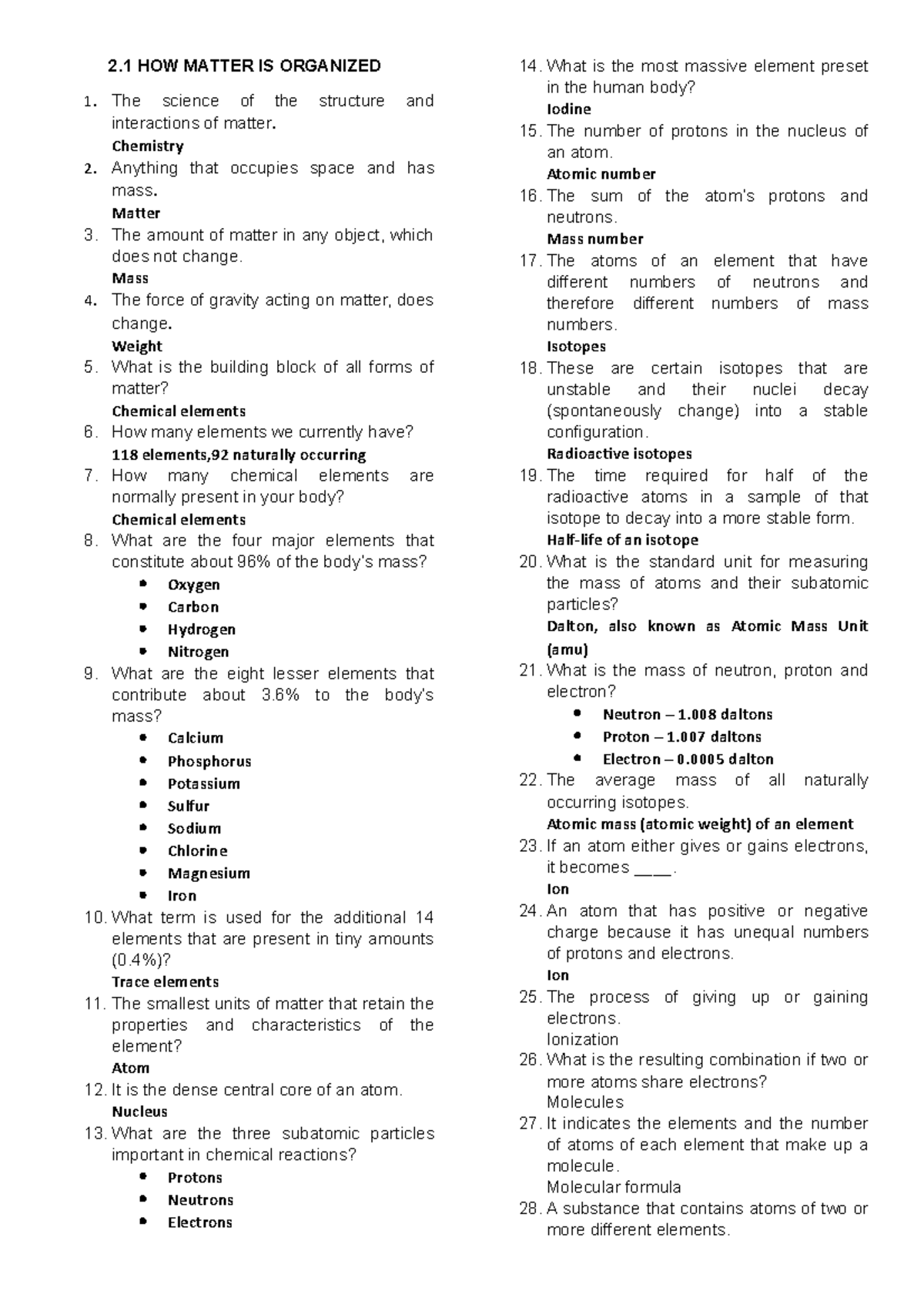 QUESTION AND ANSWER - 2 HOW MATTER IS ORGANIZED The science of the ...