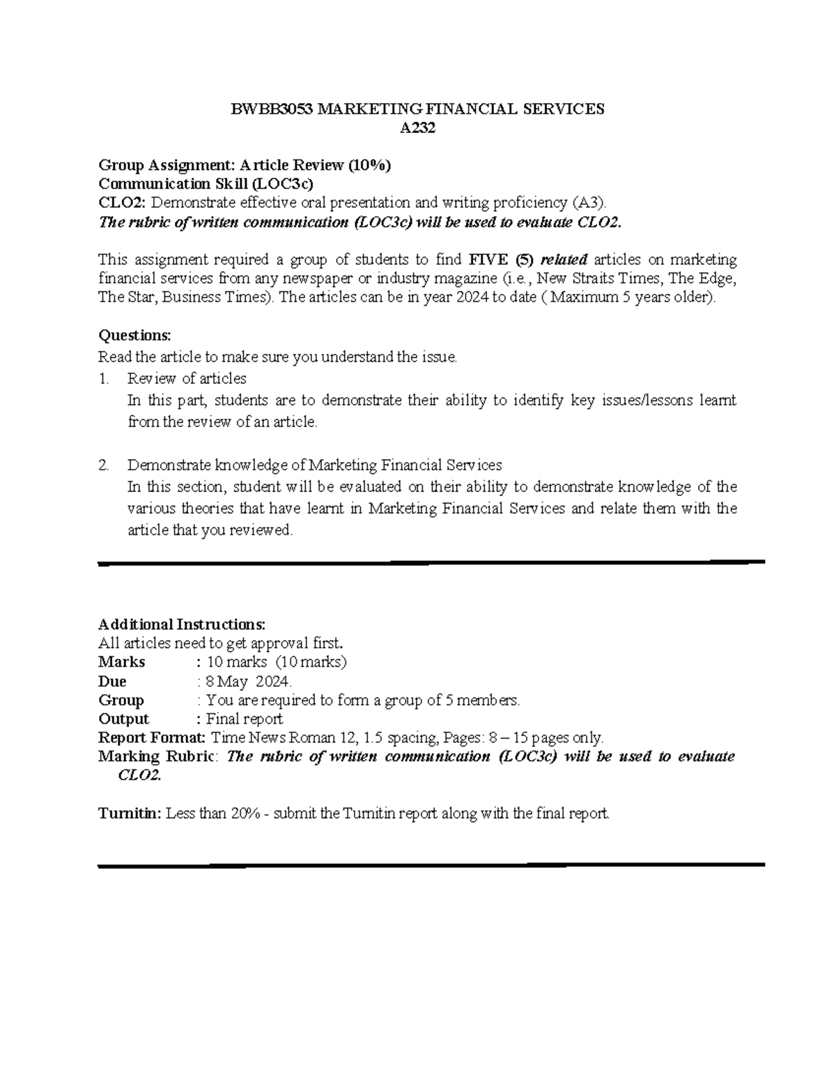 Articel review 1st assignment 232 - Z - BWBB3053 MARKETING FINANCIAL ...