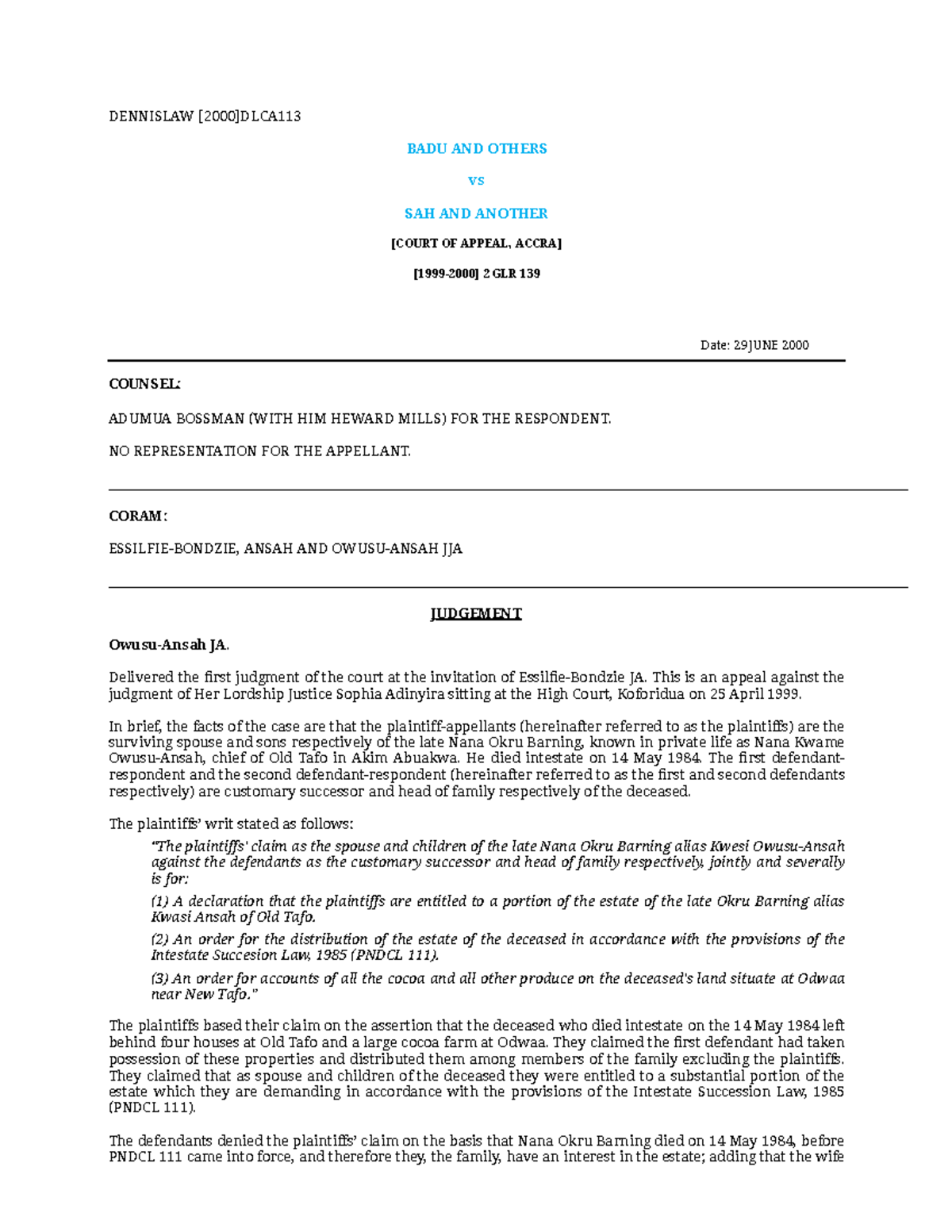 BUDU - A case on Ghana legal systems - DENNISLAW [2000]DLCA BADU AND ...