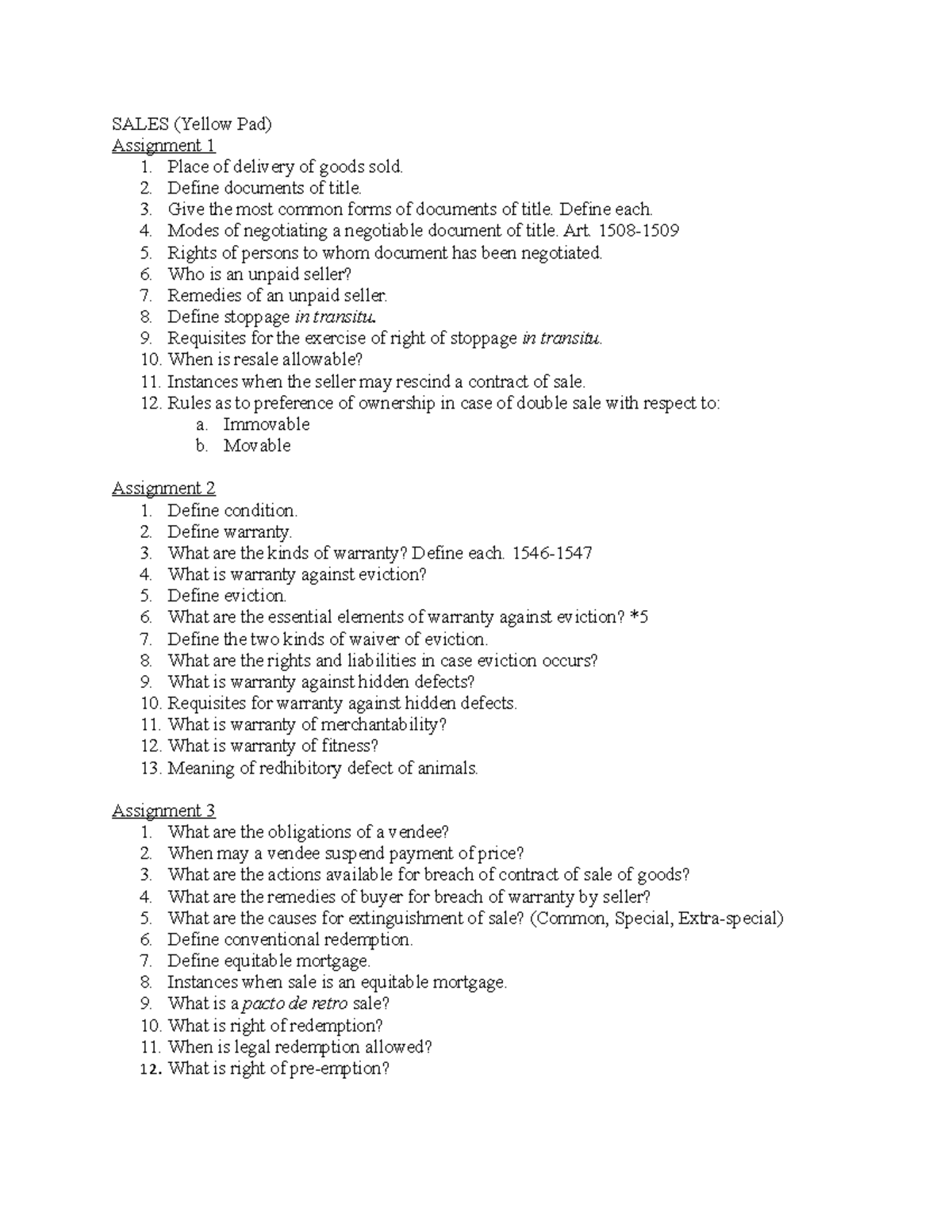 Assignment-Sales - list - SALES (Yellow Pad) Assignment 1 1. Place of ...