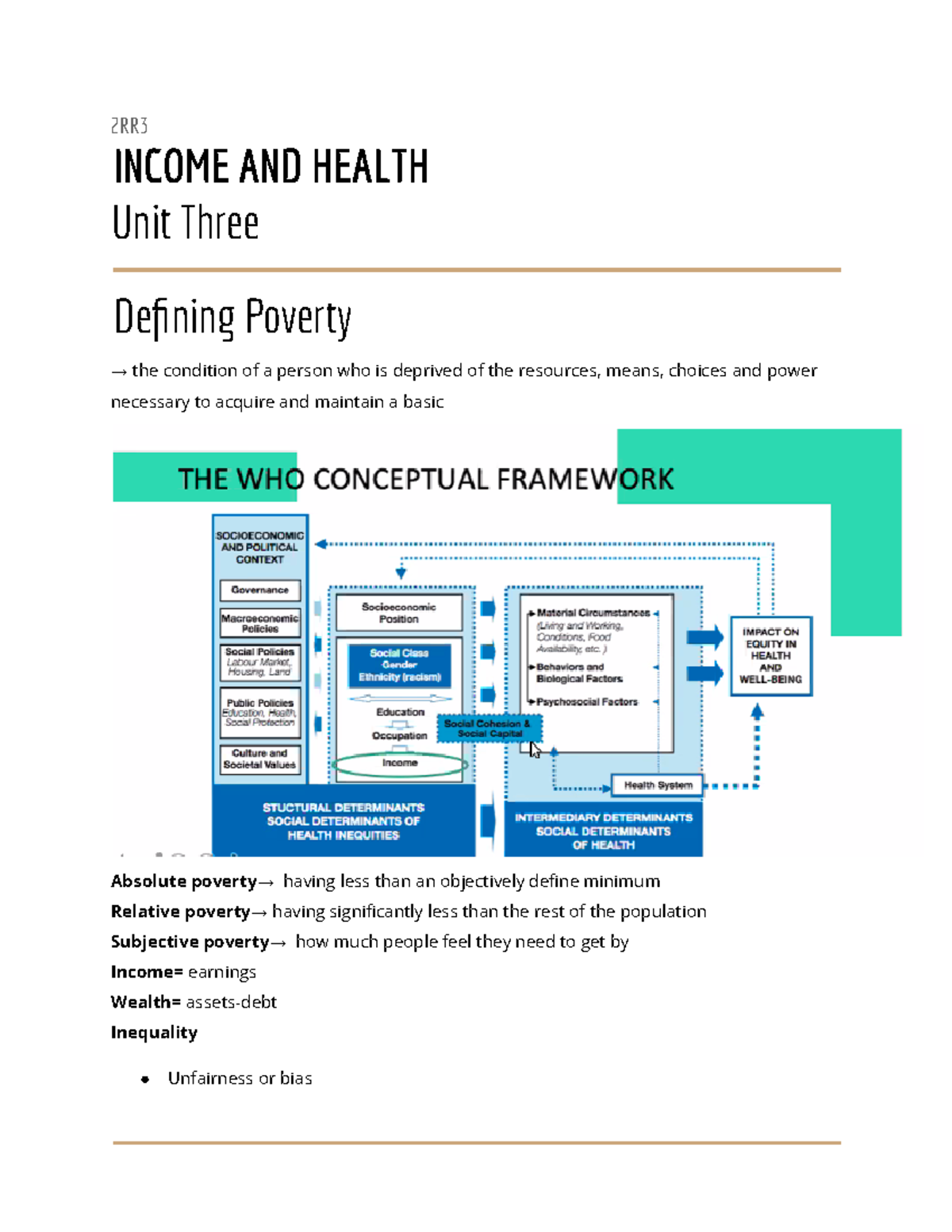 SDoH- Income and Health - 2RR INCOME AND HEALTH Unit Three Defining ...