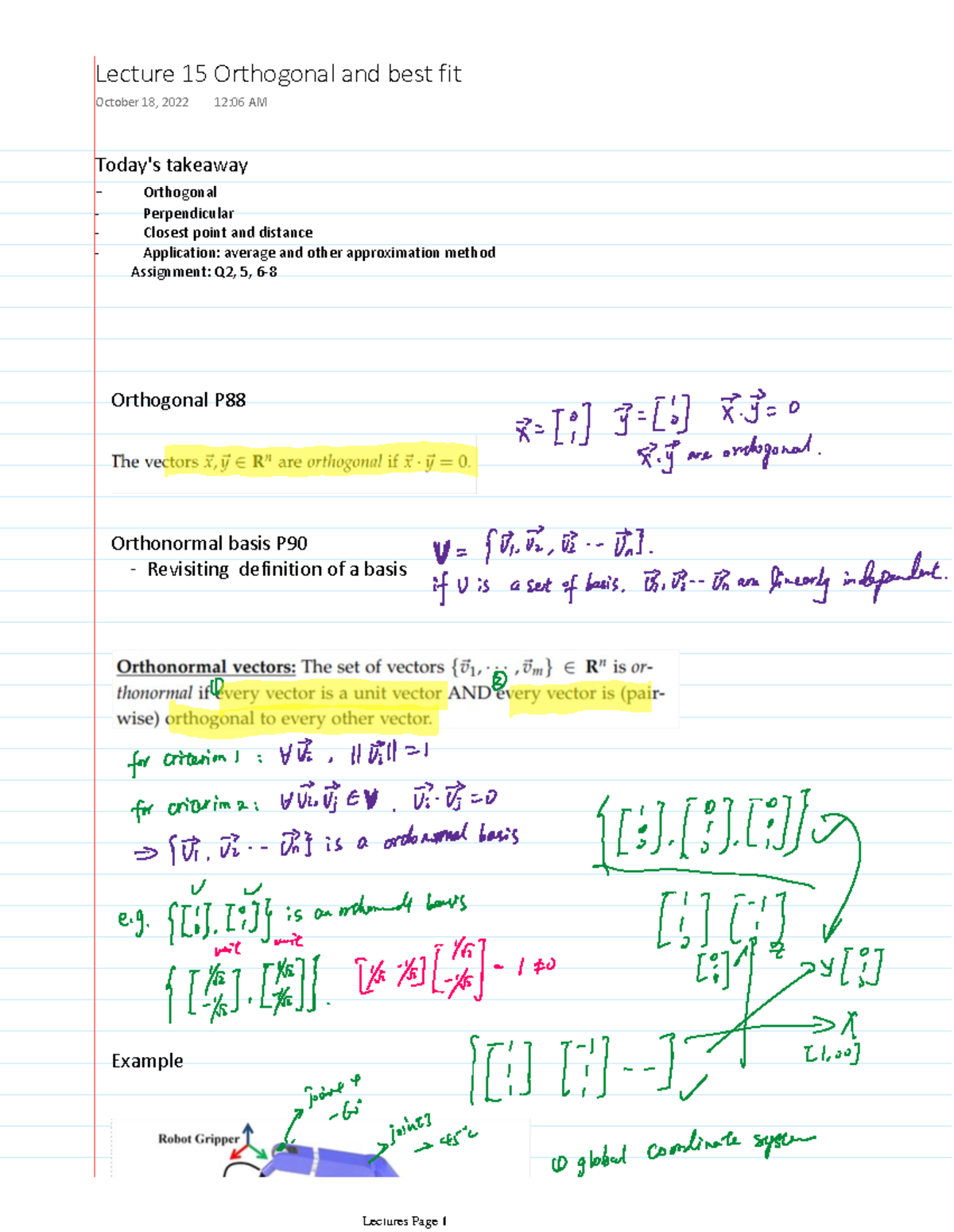 Lecture 15 Orthogonal and best fit - Today's takeaway - Orthogonal ...