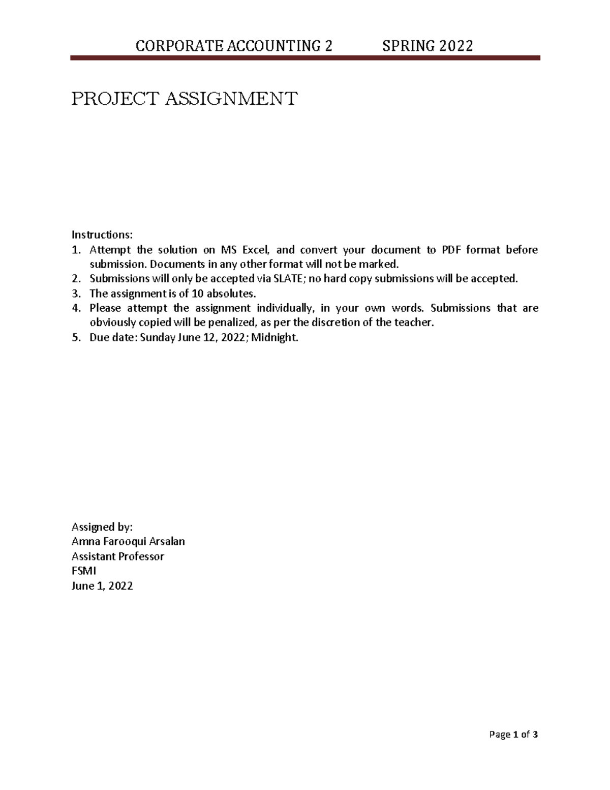 CA2 Project assignment - CORPORATE ACCOUNTING 2 SPRING 2022 Page 1 of 3 PROJECT ASSIGNMENT - Studocu