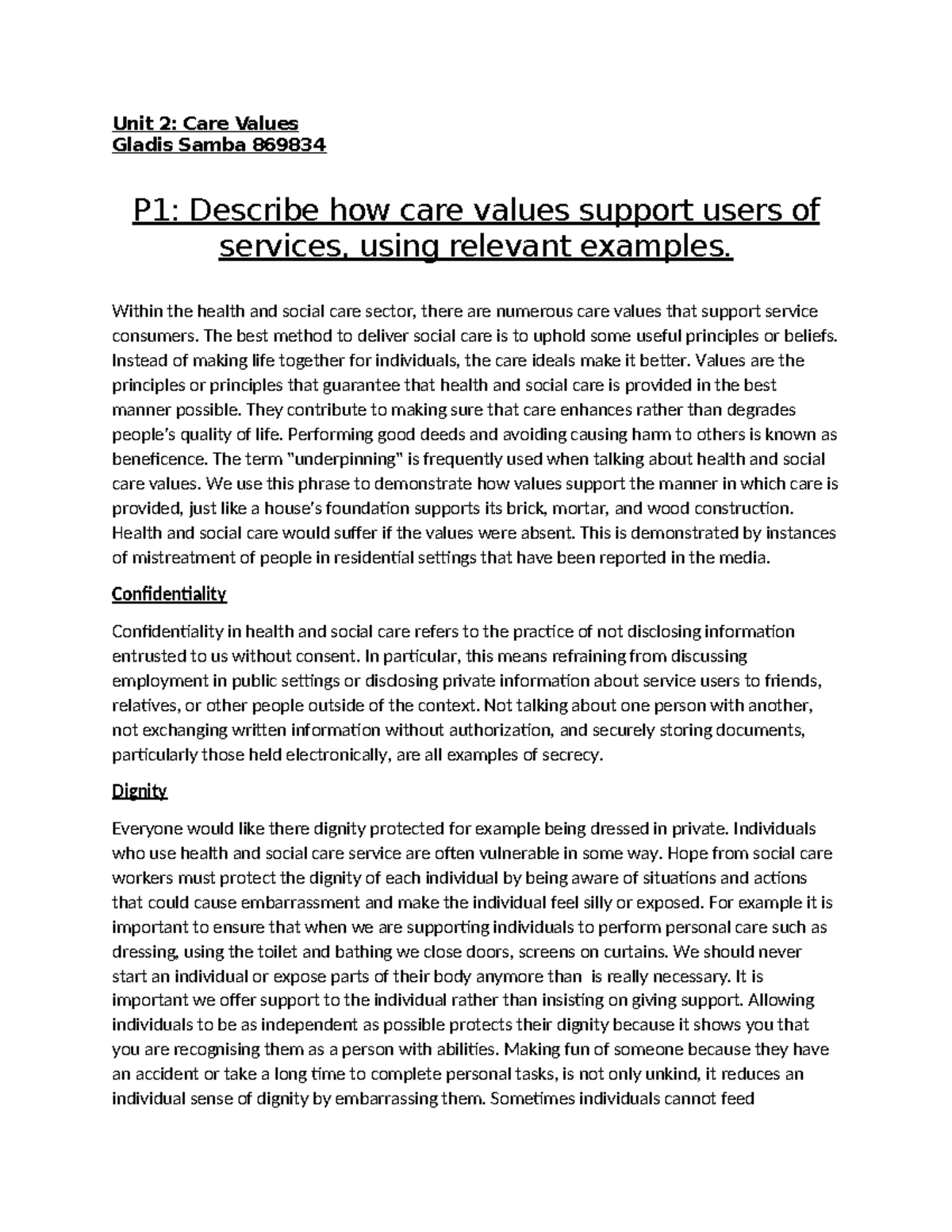 Unit 2 care values - health and socia care - Unit 2: Care Values Gladis ...