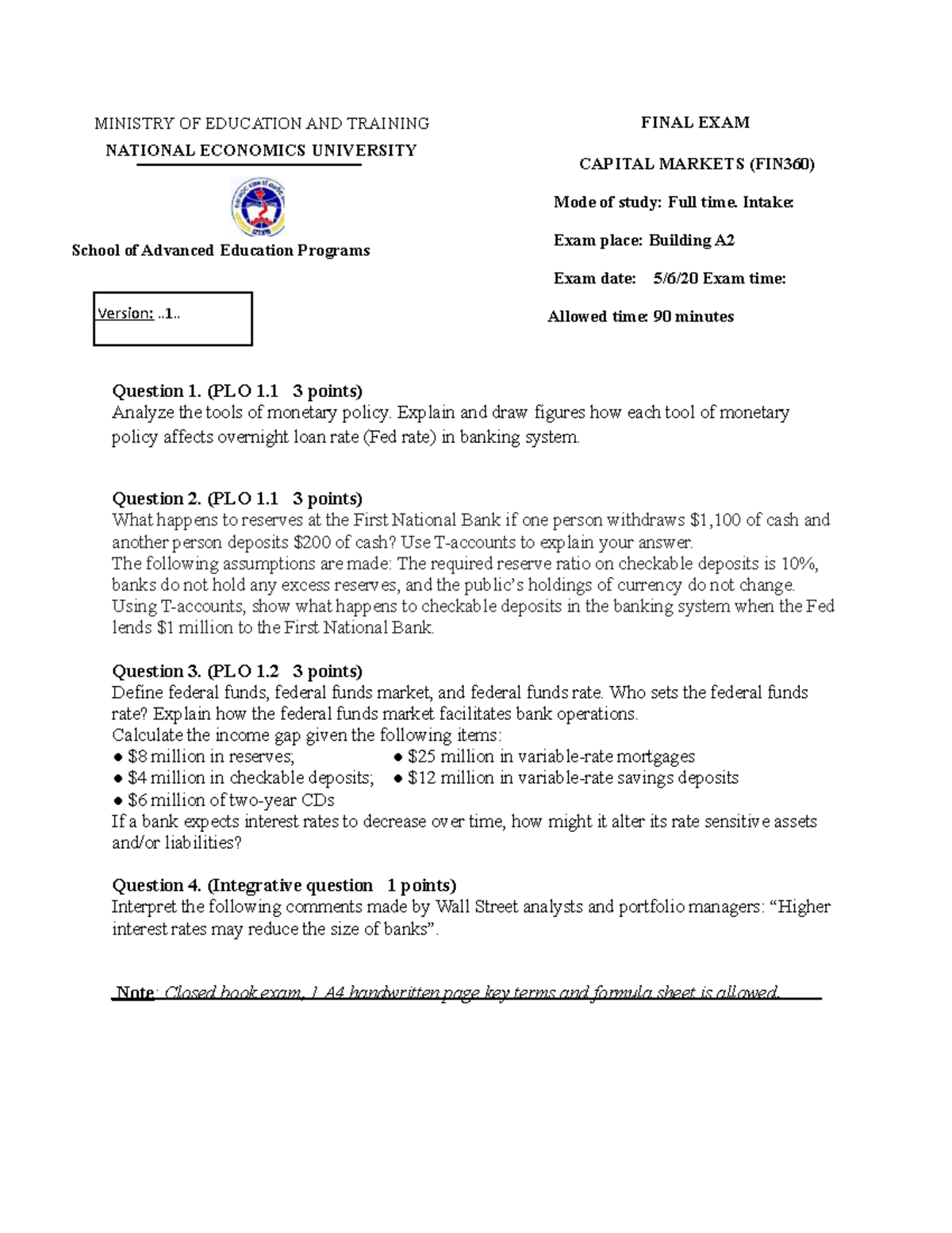 Sample final exam 2023 - Thi truong von - MINISTRY OF EDUCATION AND ...