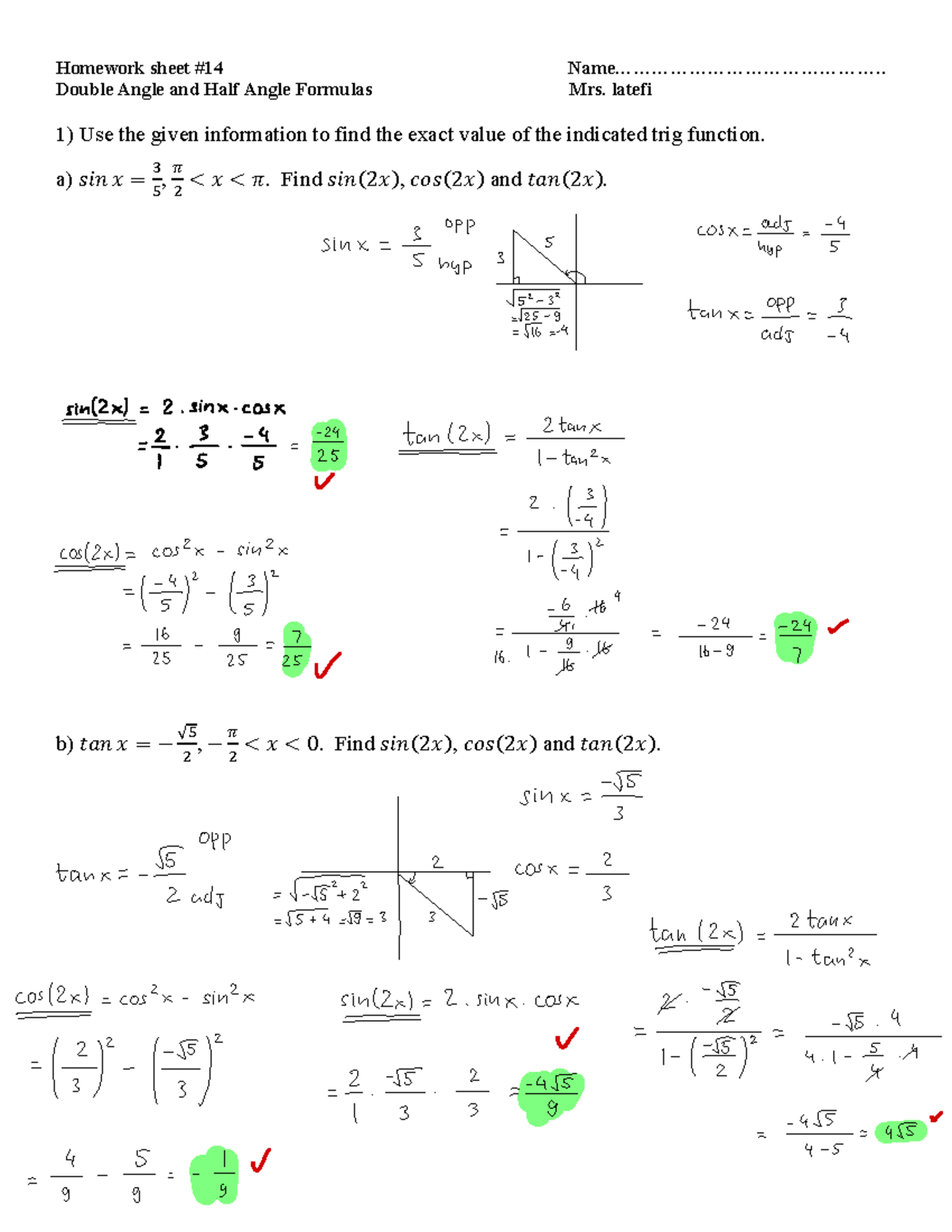 HW 14 HW KEY FOR COLLEGE TRIGONOMETRY - Homework sheet #14 - Studocu