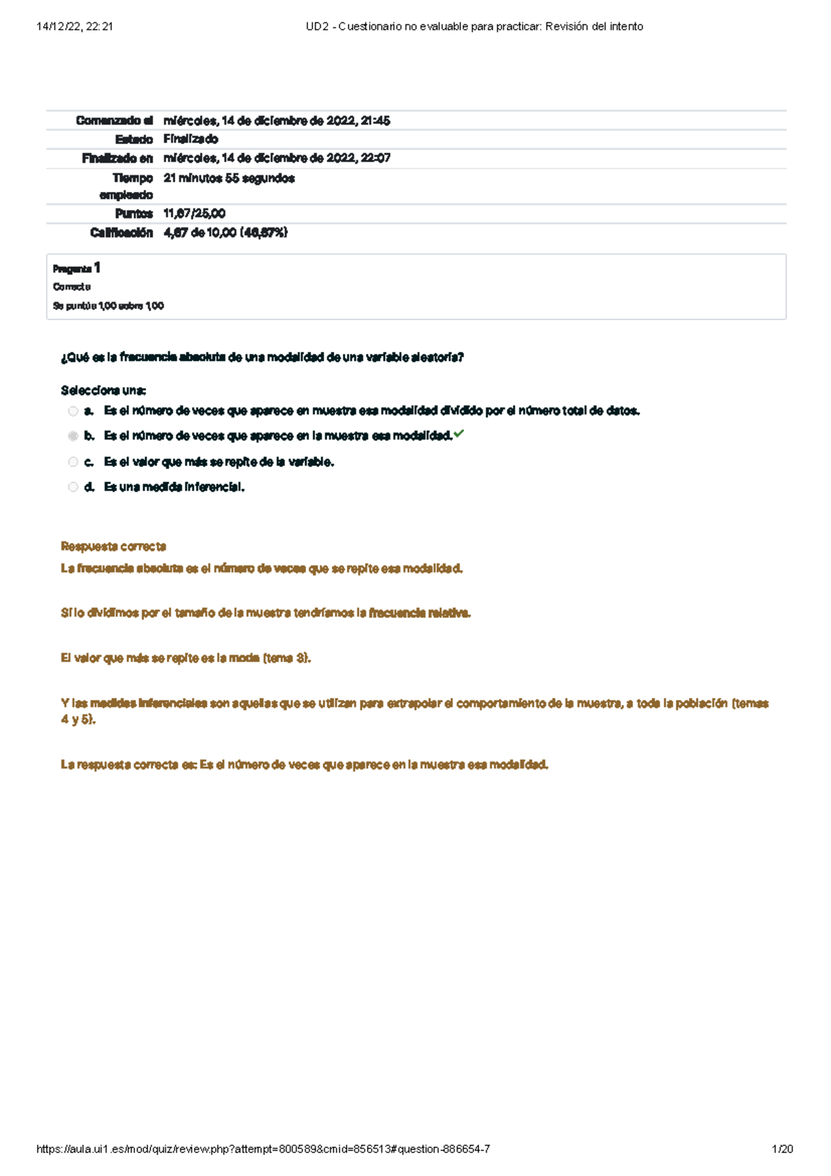 UD2 - Cuestionario no evaluable para practicar Revisión del intento metodos estadísticos - Studocu