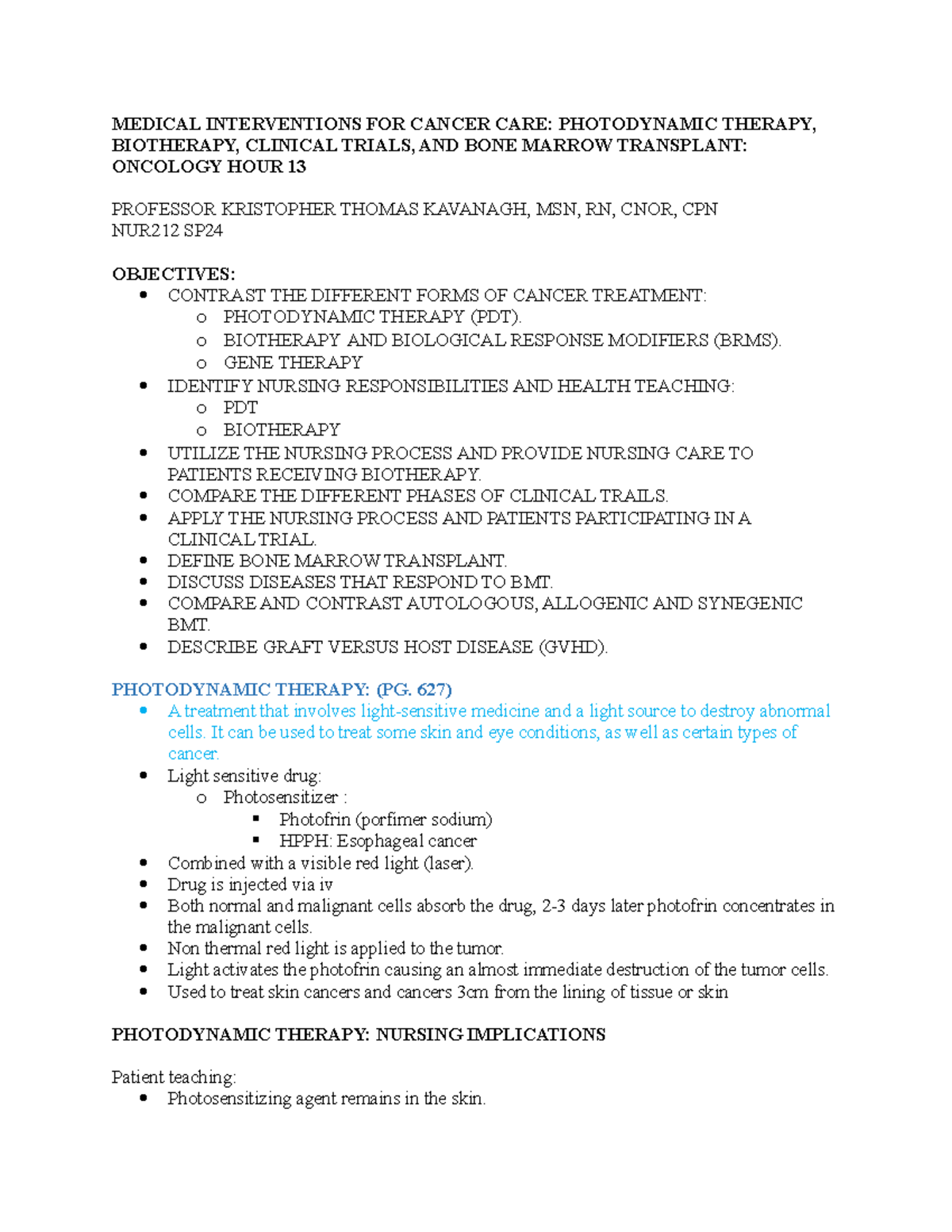 Oncology HOUR 13 Notes- Updated - MEDICAL INTERVENTIONS FOR CANCER CARE ...