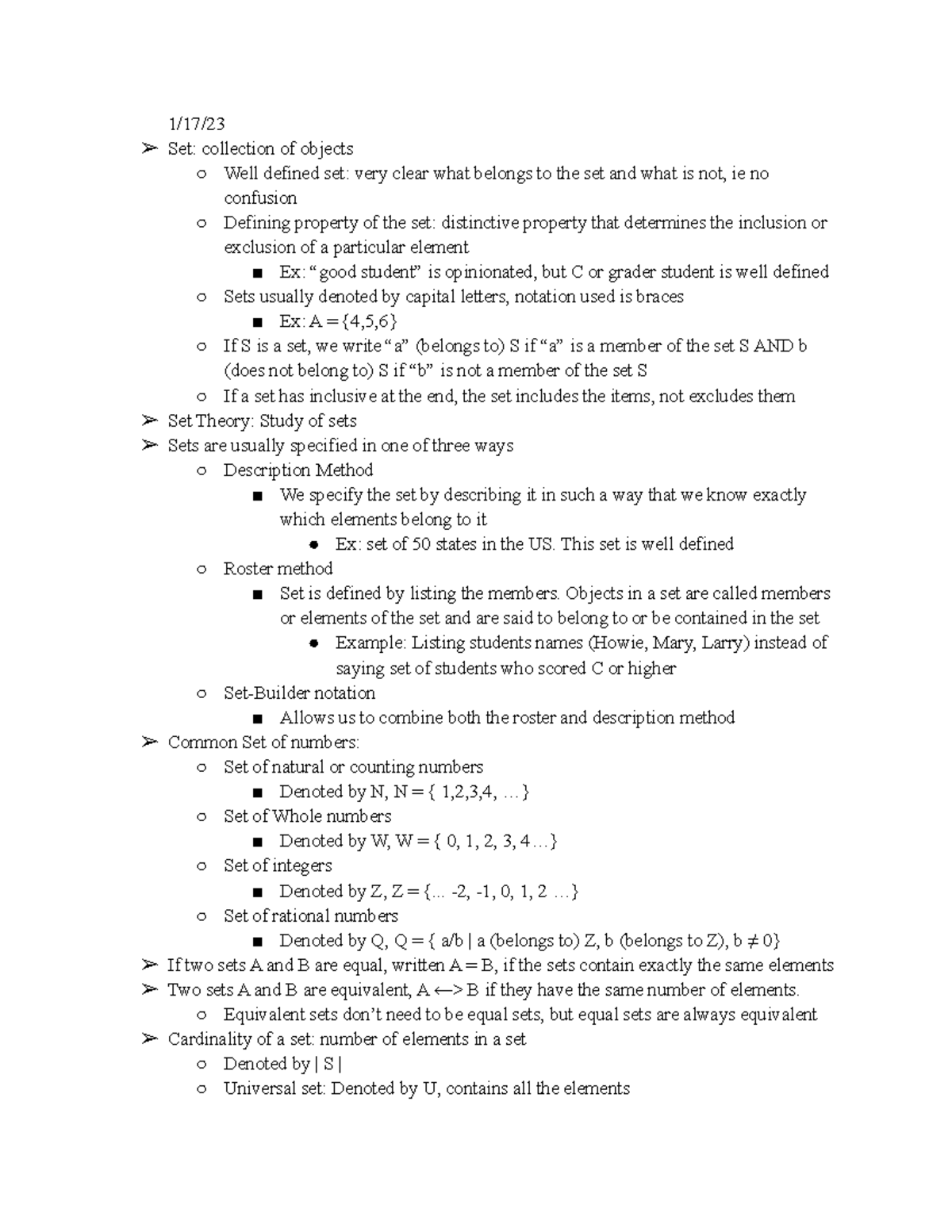 Math Thought Notes - 1/17/ Set: collection of objects Well defined set ...