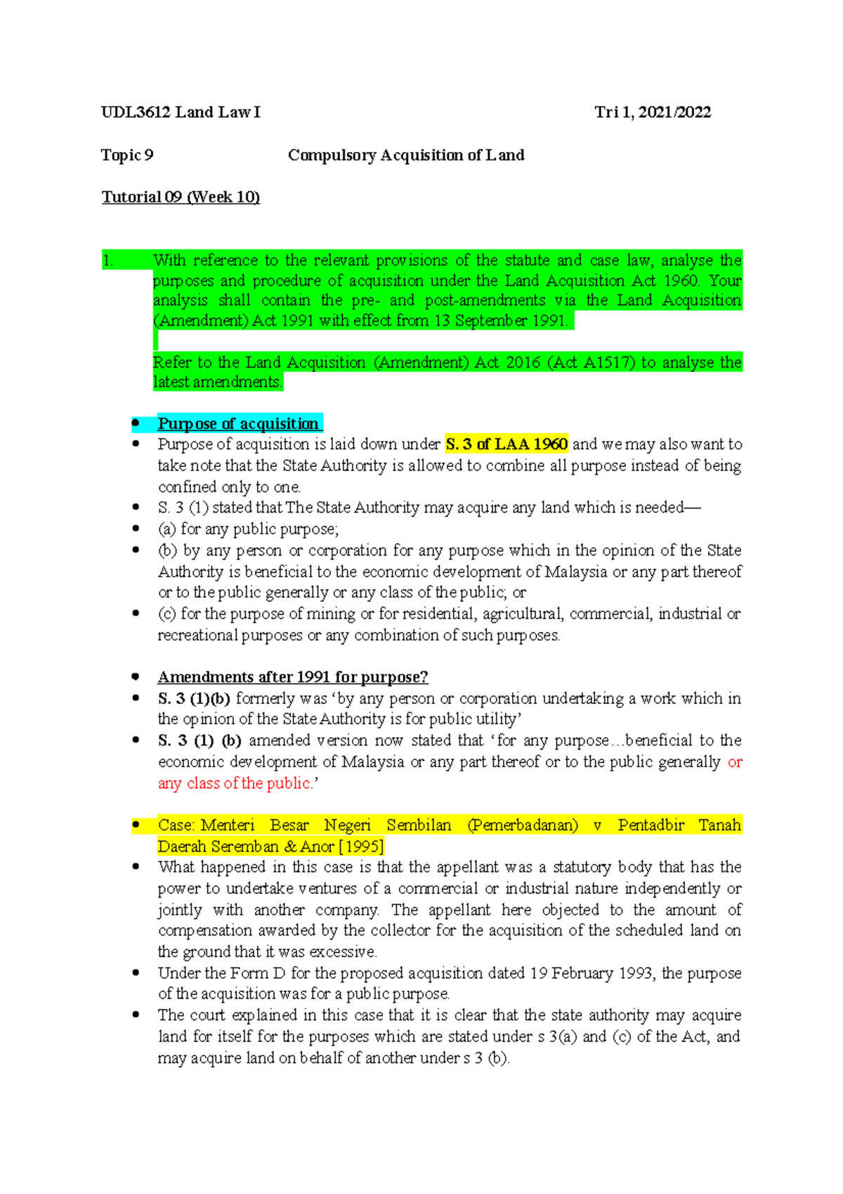 Tutorial 7 (Week 12) Topic 9 - UDL3612 Land Law I Tri 1, 2021/ Topic 9 ...