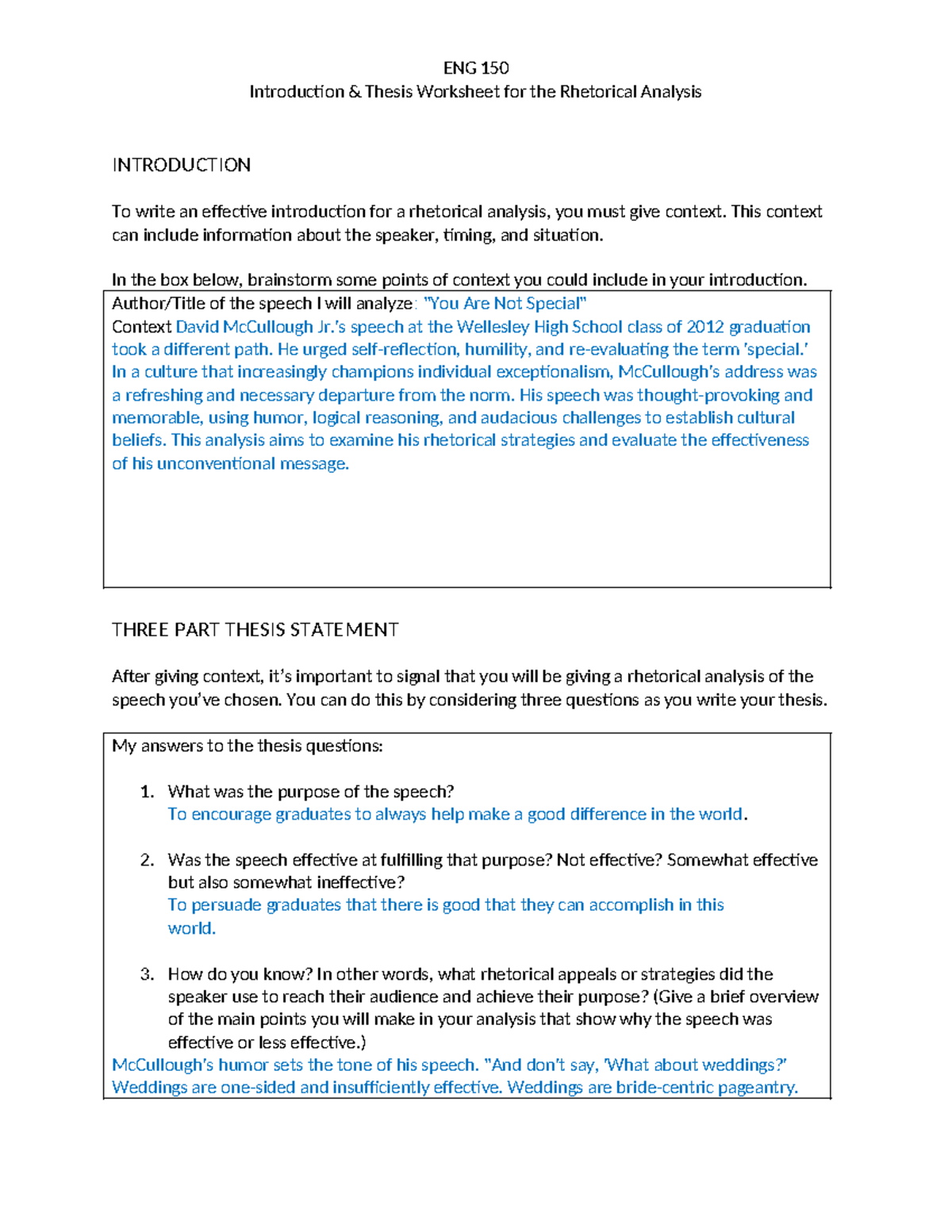 Introduction & Thesis Worksheet-updated - ENG 150 Introduction & Thesis ...