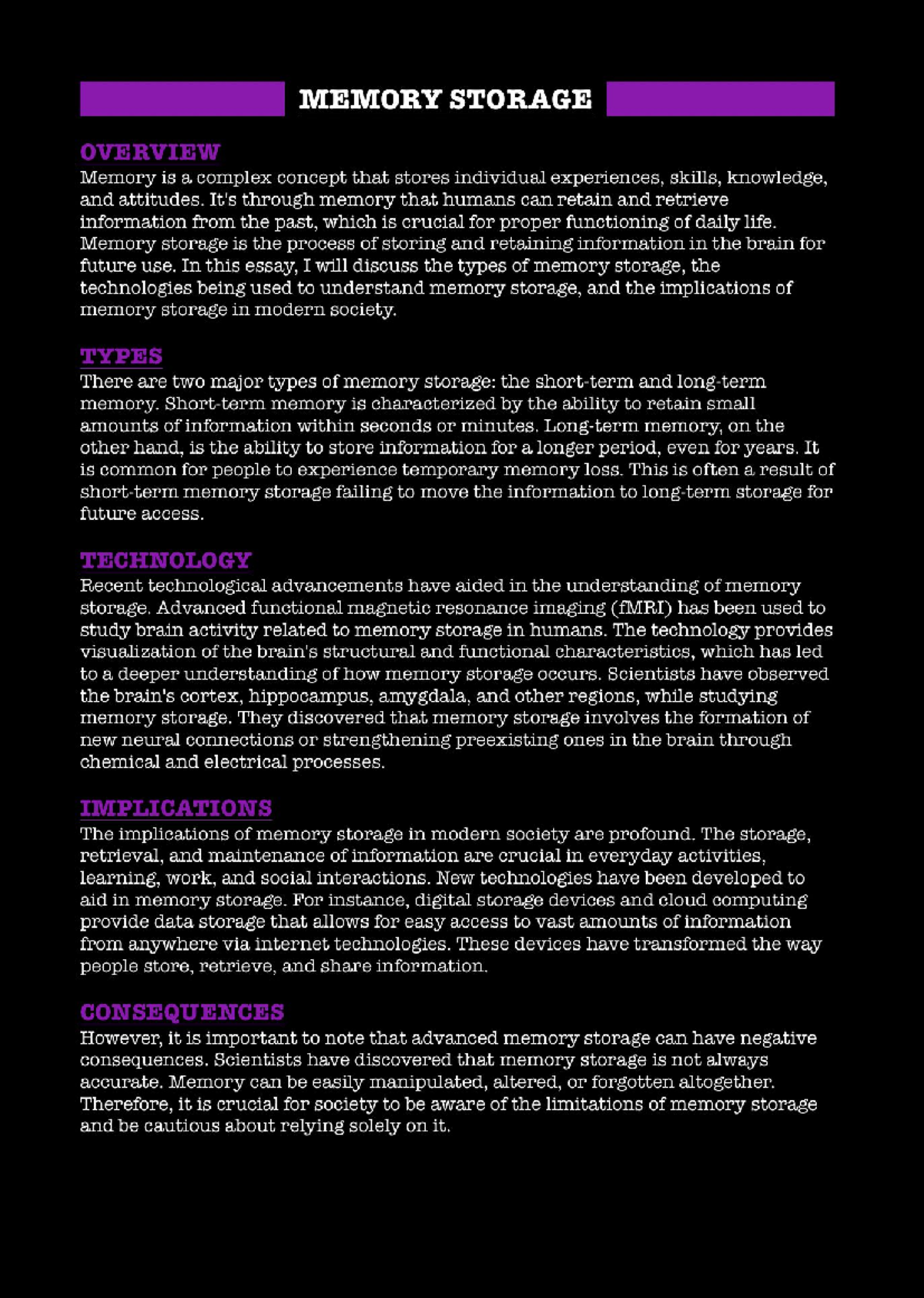 Summary: Memory Storage - 8638 - Studocu