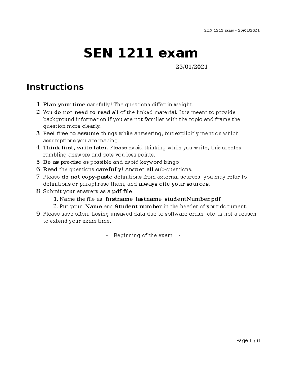 SEN1211 exam 25 01 2021 - Final exam no solutions - SEN 1211 exam 25/01 ...