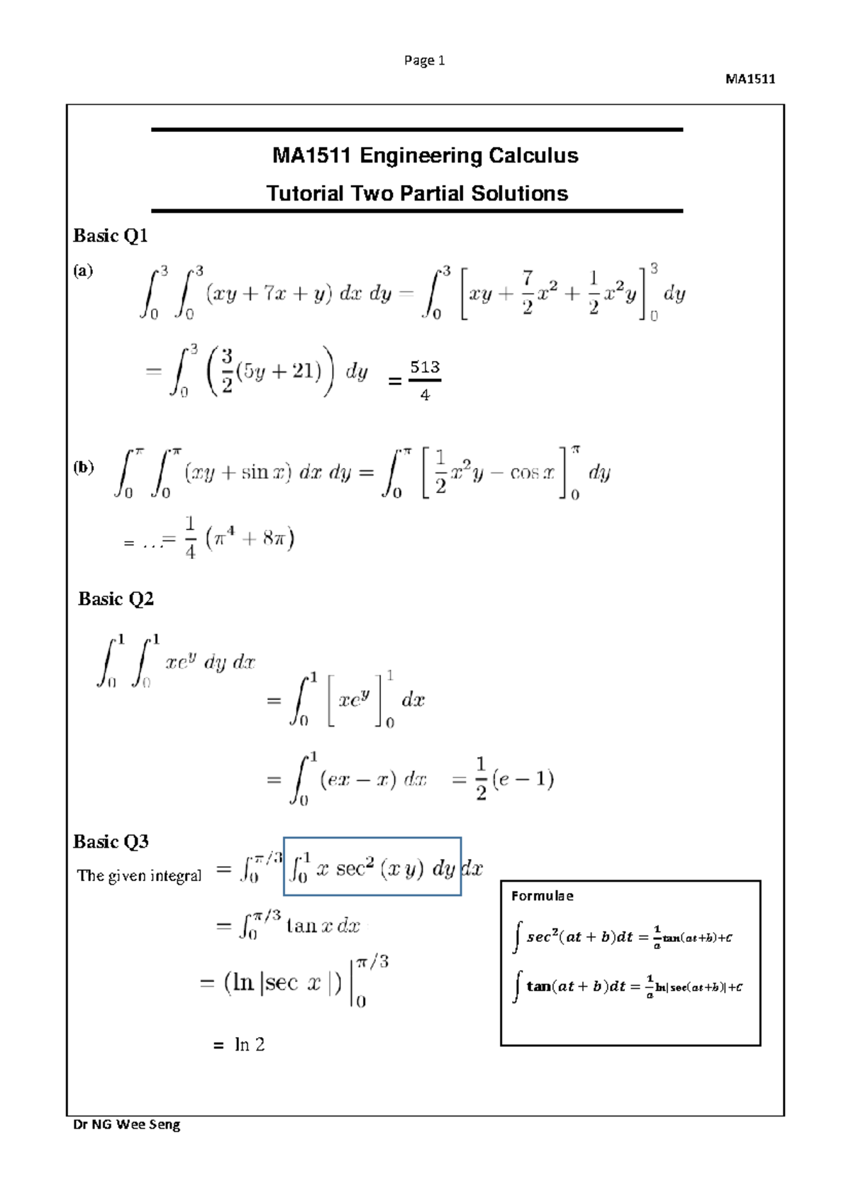 MA1511 2021S2 Tutorial 2 Partial Sol (Basic) - Page 1 MA Dr NG Wee Seng MA1511 Engineering ...