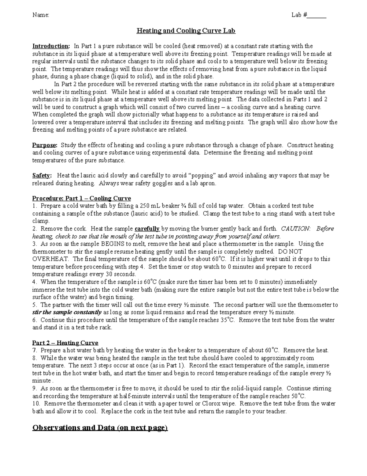 Unit 11 Heating and Cooling Curve Lab 2011 - Name: Lab #______ Heating ...