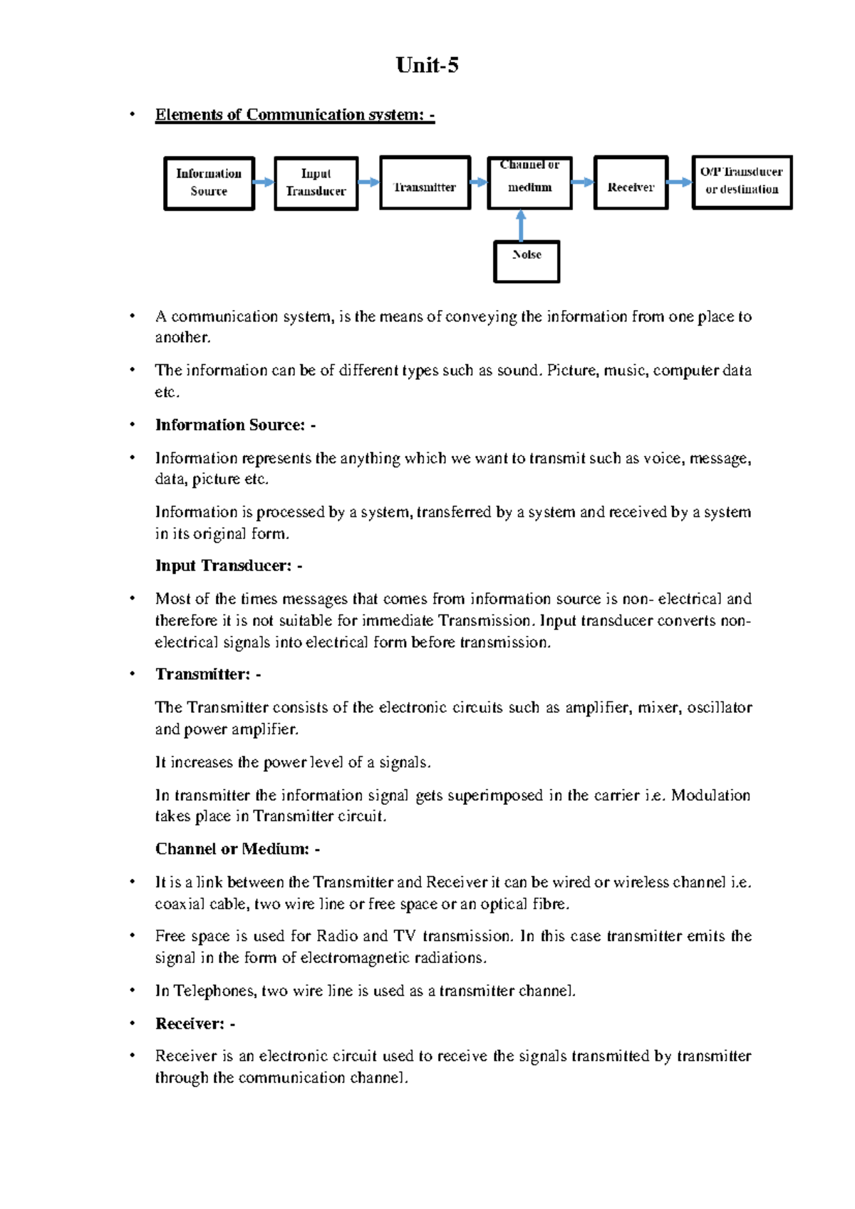Unit-5 - unit-5 notes - Unit- 5 Elements of Communication system: - A ...