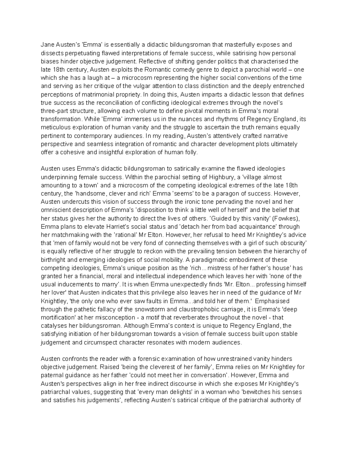 HSC English Mod B Emma Essay - Jane Austen’s ‘Emma’ is essentially a ...