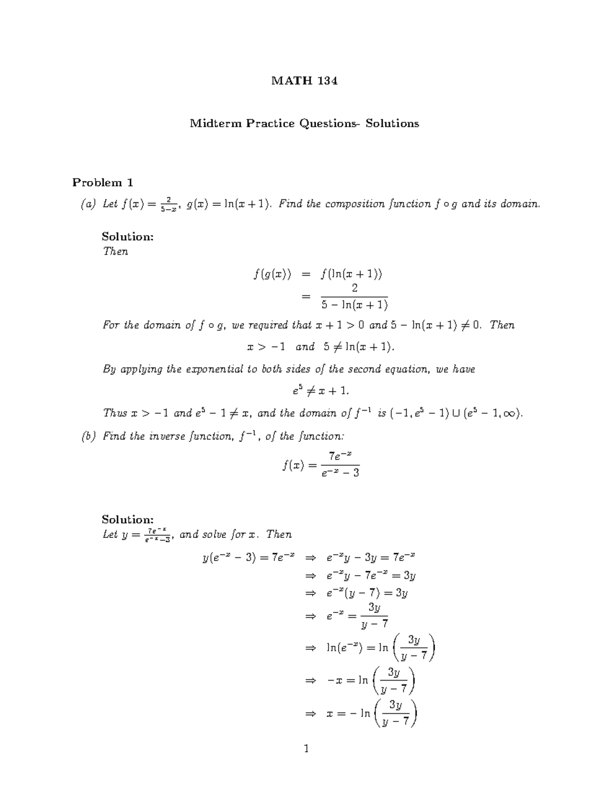 Practice midterm solutions-Feb 27 - MATH 134 Midterm Practice Questions- Solutions Problem 1 (a ...