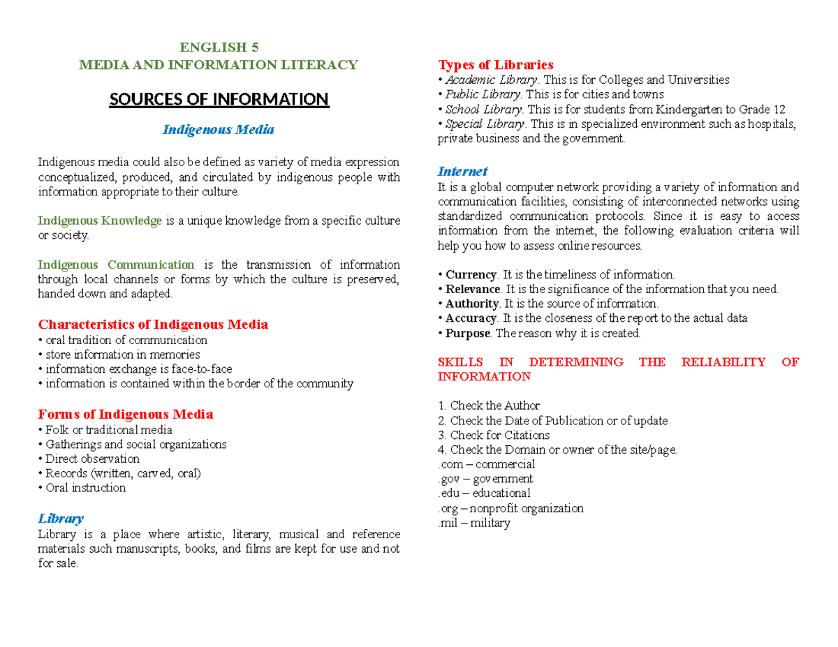sources of information - ENGLISH 5 MEDIA AND INFORMATION LITERACY ...