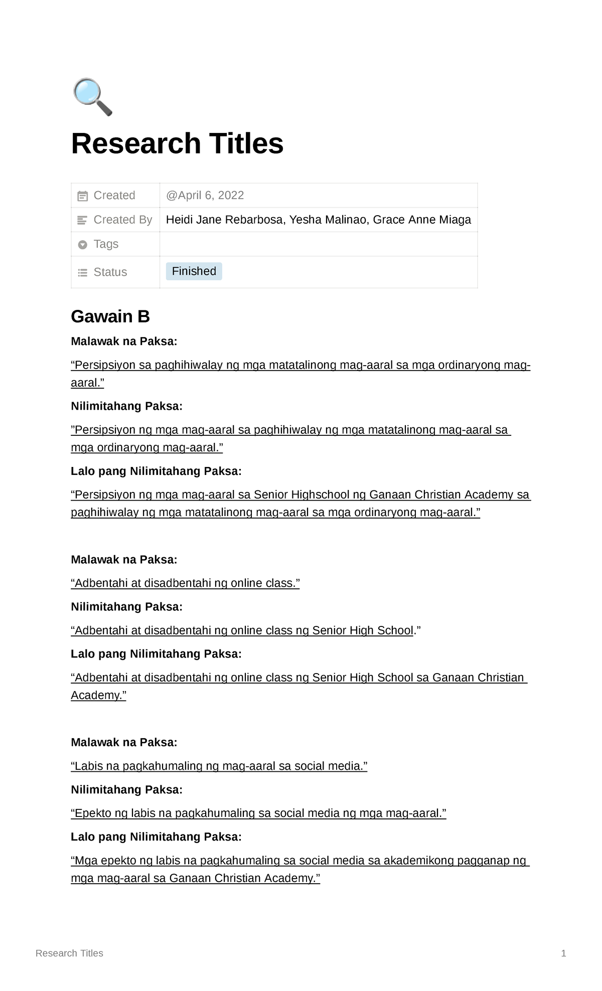 Research Titles - = Nilimitahang Paksa: =Persipsiyon ng mga mag-aaral ...