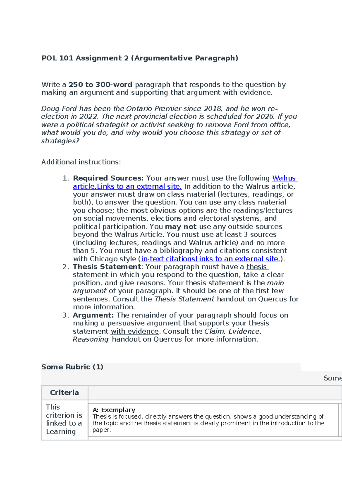 Instructions - sadfa - POL 101 Assignment 2 (Argumentative Paragraph ...