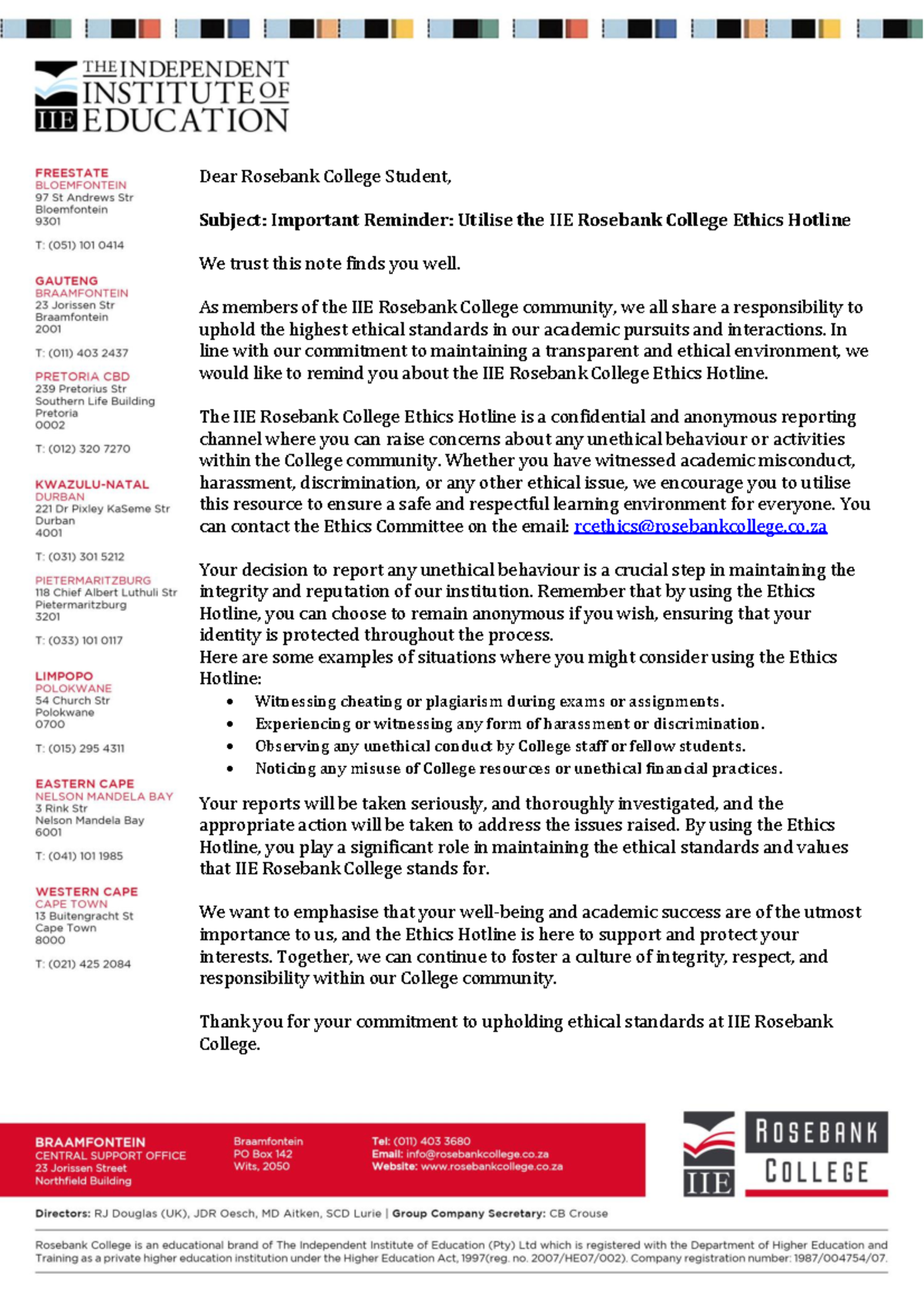 IIE RC Ethics Hotline Letter - Dear Rosebank College Student, Subject ...