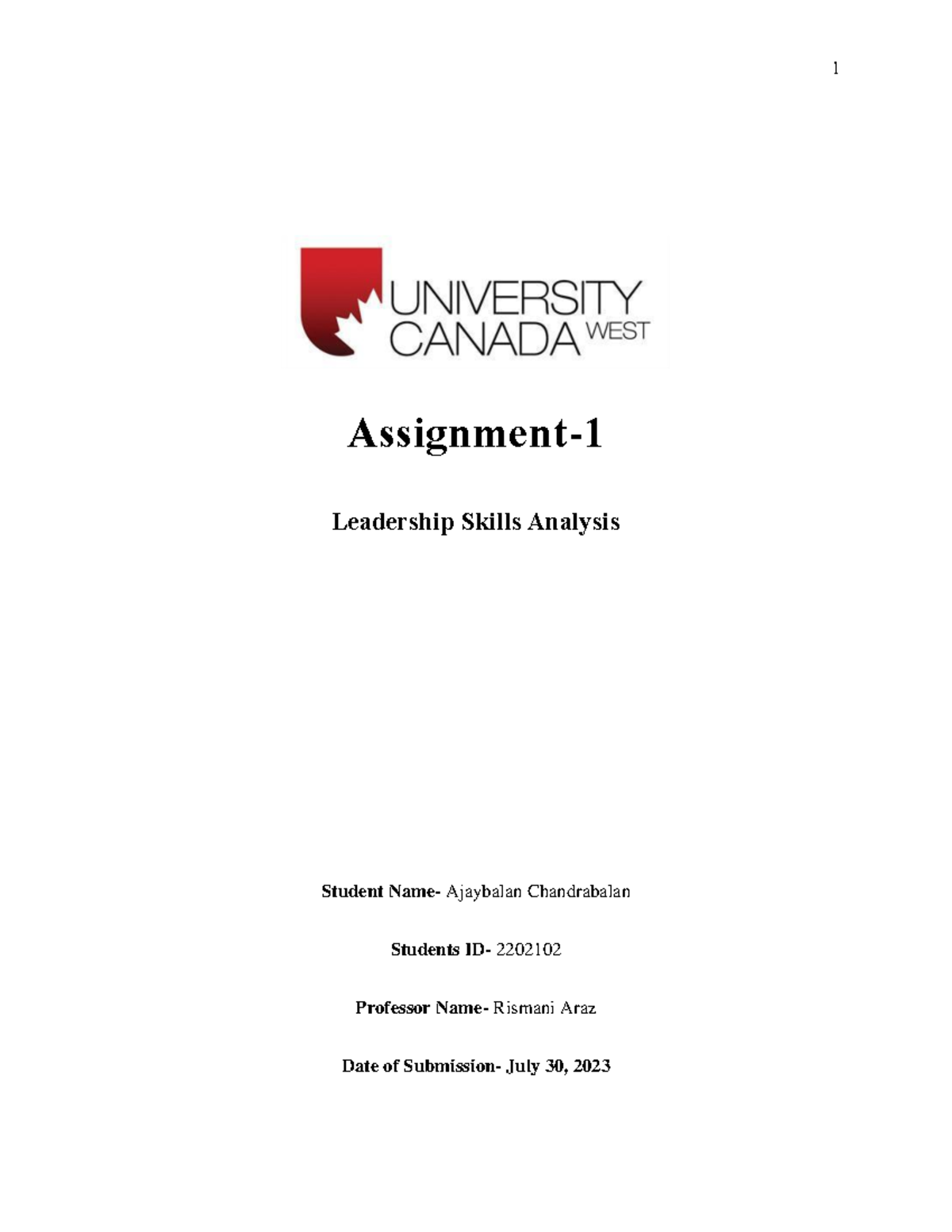 Assignment#1 Leadership Skill Analysis - Assignment- 1 Leadership ...