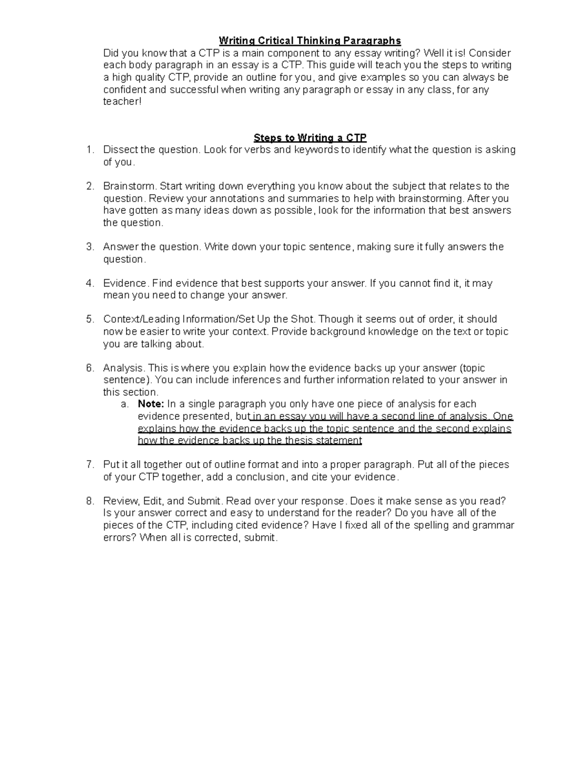 Copy of CTP Guide Graphic Organizer - Writing Critical Thinking Paragraphs Did you know that a ...