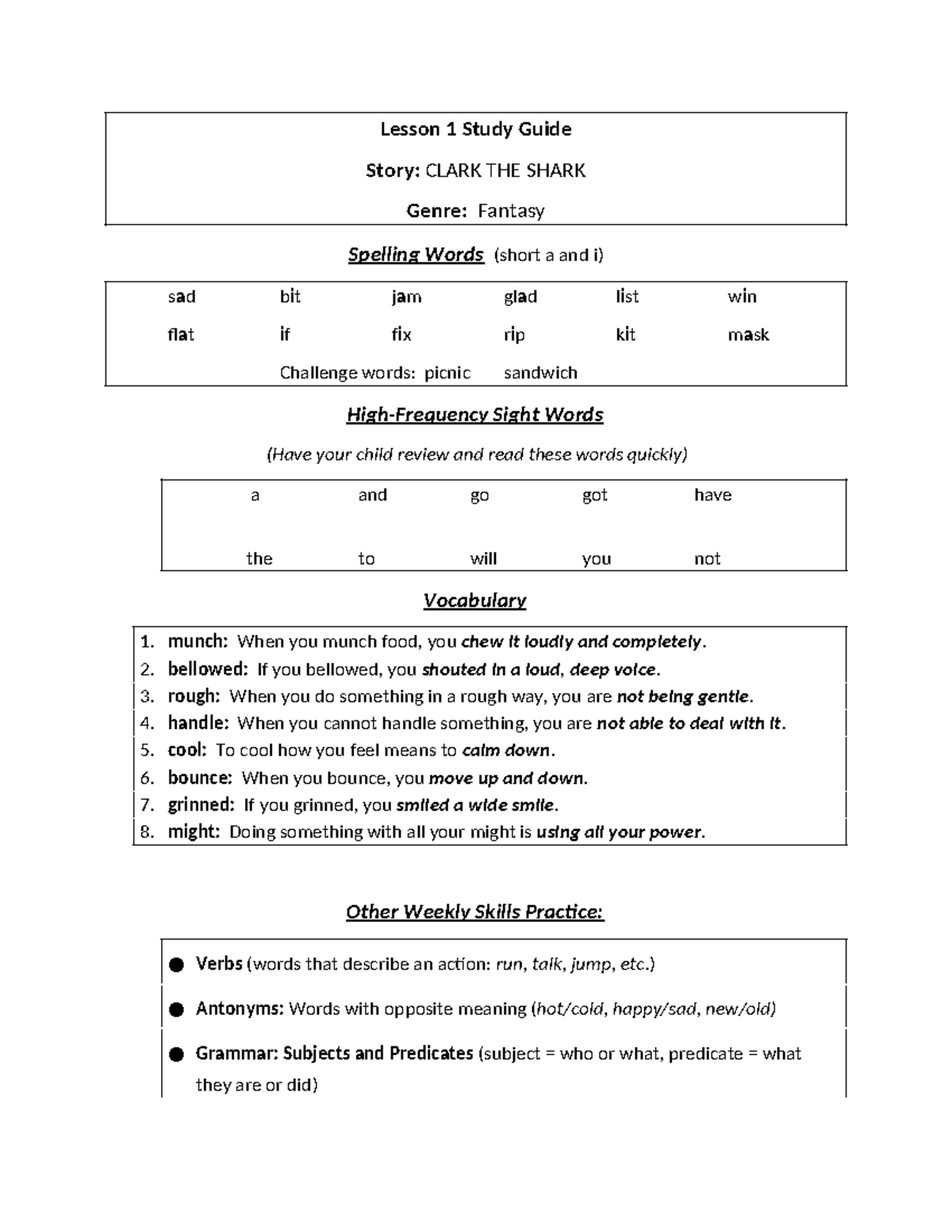 Lesson 1 Clark the Shark Study Guide - Lesson 1 Study Guide Story ...
