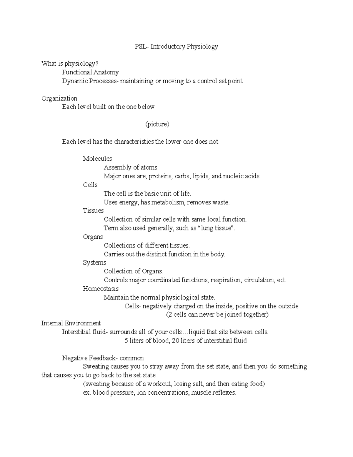 Intro to Physiology Notes - PSL- Introductory Physiology What is ...