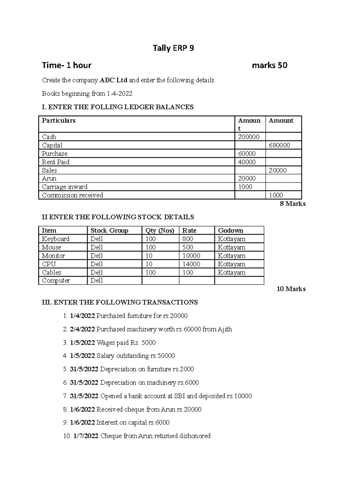 Tally ERP 9 B.VOC Question - Tally ERP 9 Time- 1 hour marks 50 Create ...