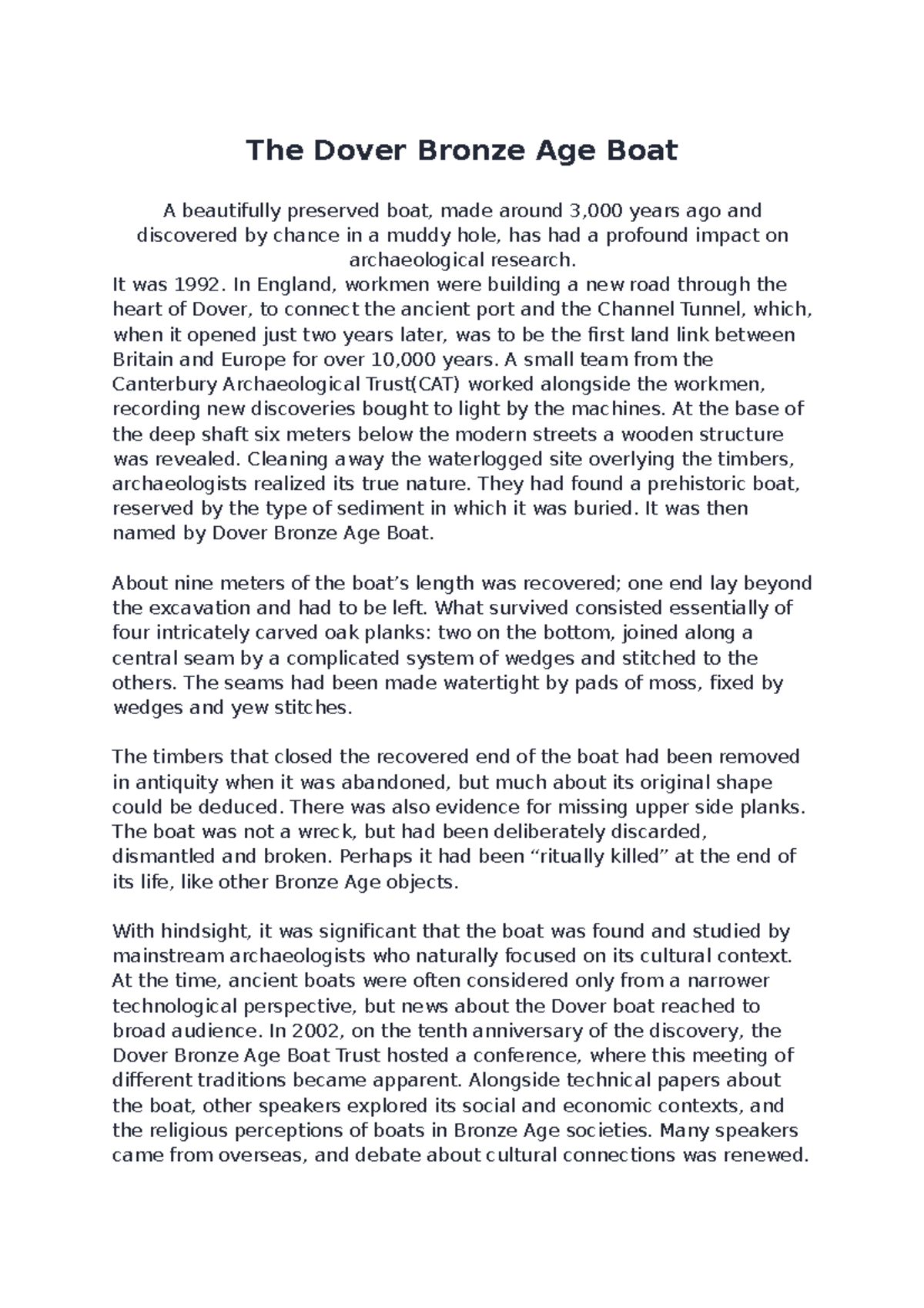 The Dover Bronze Age Boat - The Dover Bronze Age Boat discovered by ...